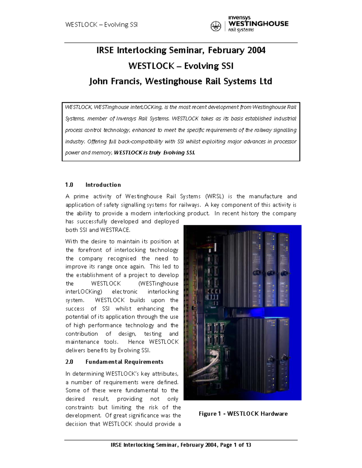 Irse westlock - IRSE Interlocking Seminar, February 2004 WESTLOCK ...