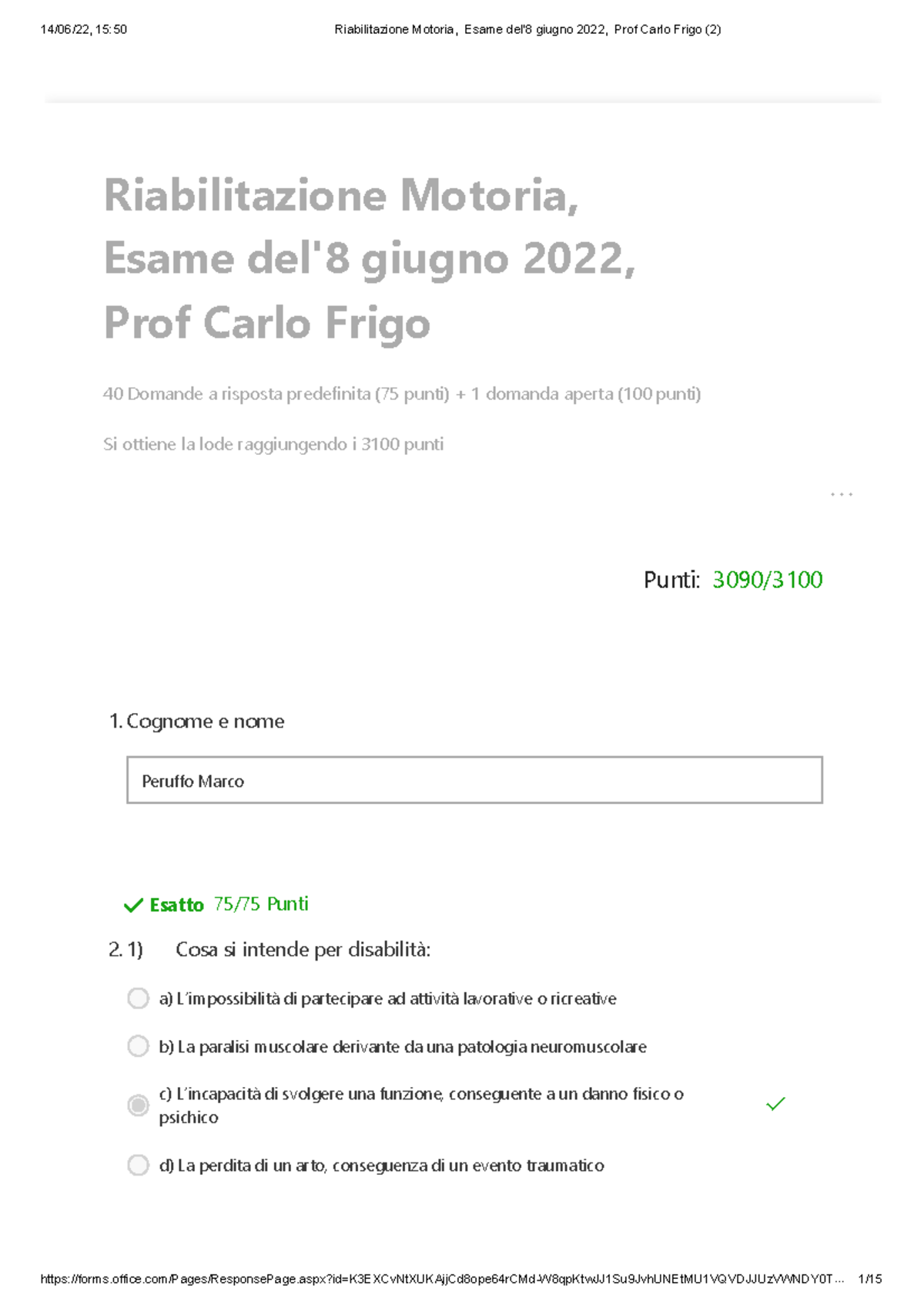 Riabilitazione Motoria, Esame del'8 giugno 2022, Prof Carlo Frigo ...