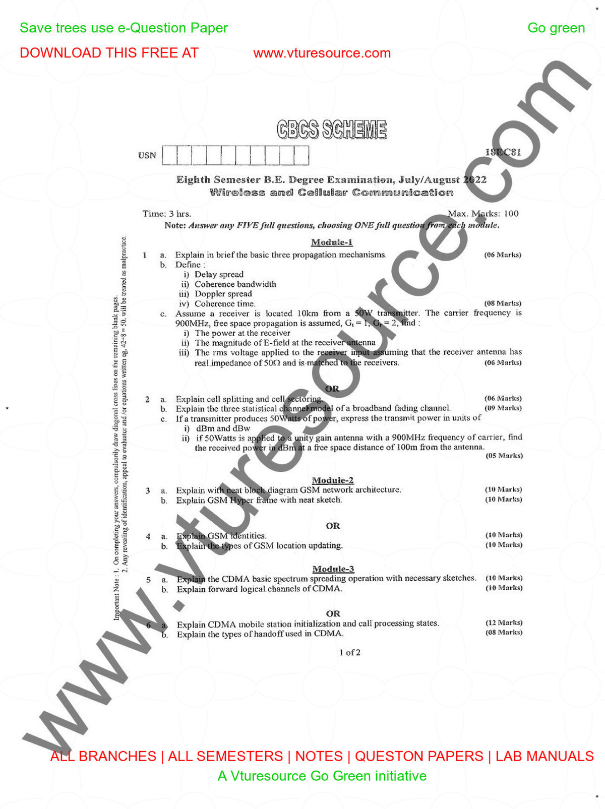 18EC 81 QP - Wireless Communication and 4G LTE Networks - Studocu