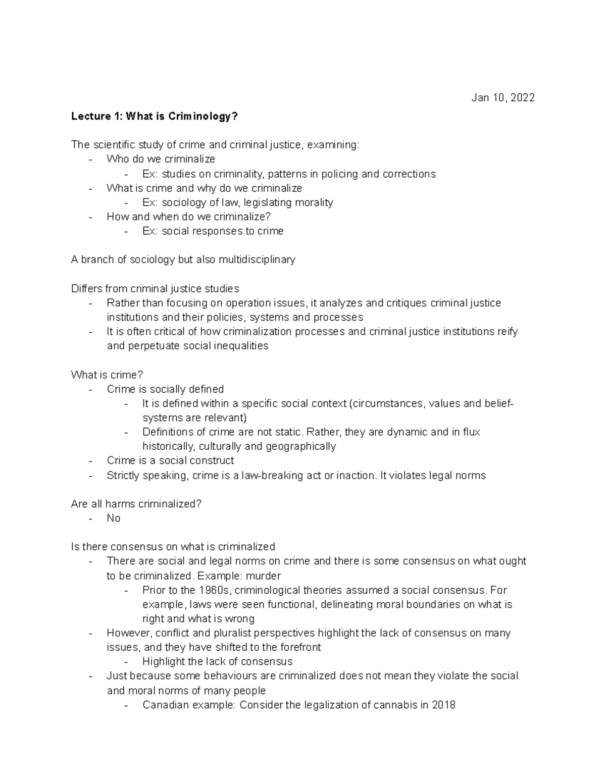 Notes on Weekly Modules - Jan 10, 2022 Lecture 1: What is Criminology ...