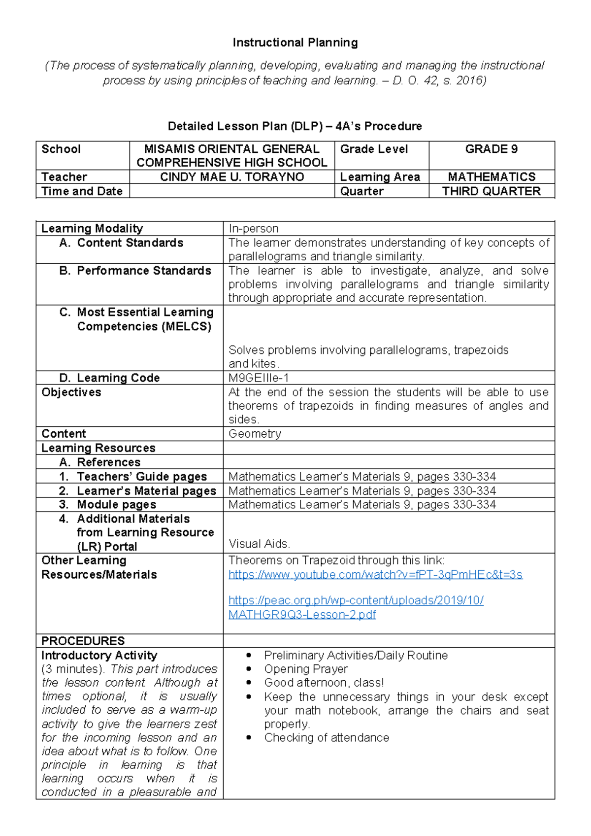 Detailed Lesson Plan - Instructional Planning (The process of ...
