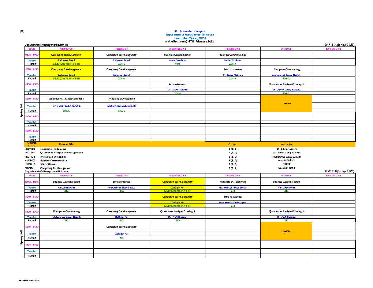 Time Table - Spring 2022 (27-2-2022) - Financial Management - CUI - Studocu
