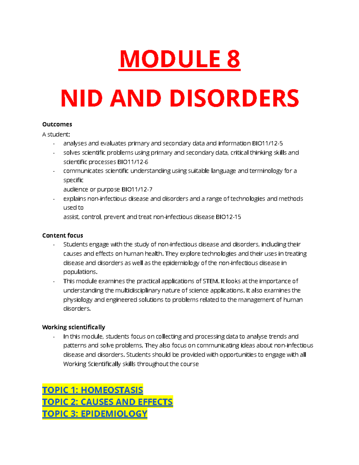 NON- Infectious Disease AND Disorders Notes - MODULE 8 NID AND ...