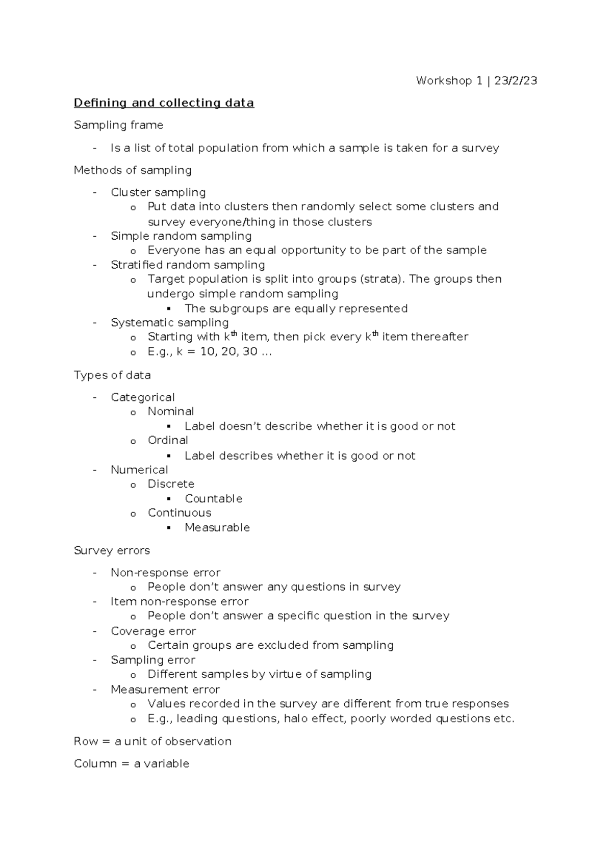 Summary notes for STAT1008 - Sem 1 2023 - Workshop 1 | 23/2/ Defining ...