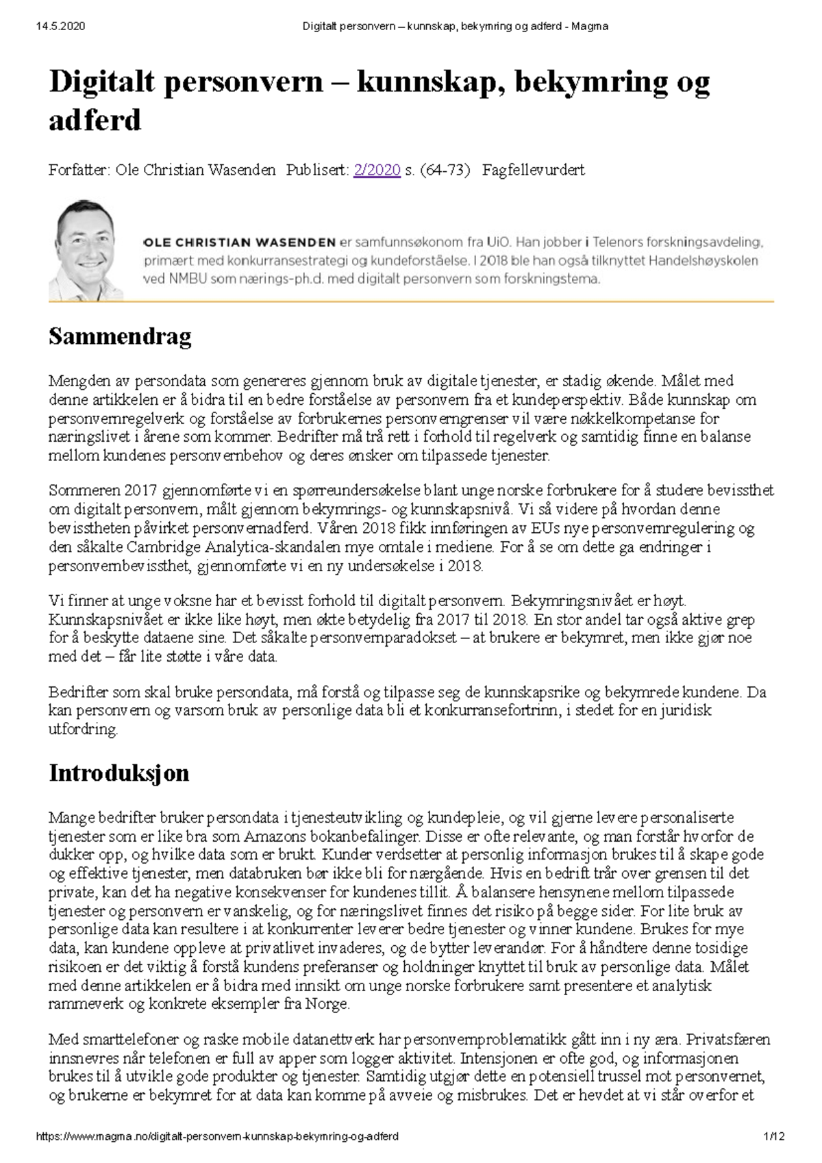 Eksamen SAM2000 Vestfold V2020 vedlegg Digitalt personvern – kunnskap, bekymring og adferd ...