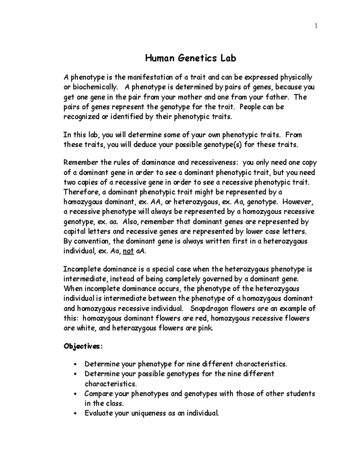 Human Genetics Lab - A phenotype is determined by pairs of genes ...