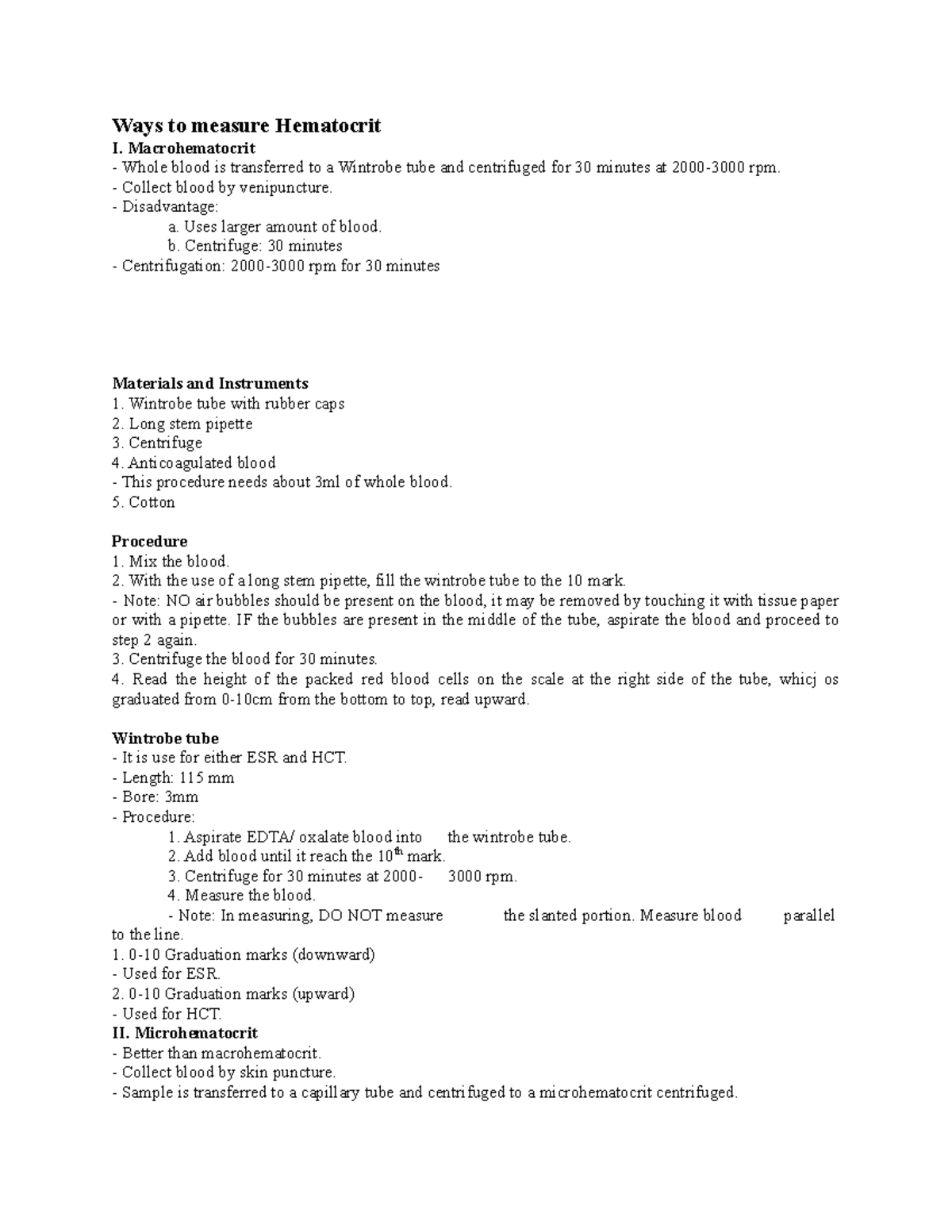 Ways to measure Hematocrit - Macrohematocrit Whole blood is transferred ...