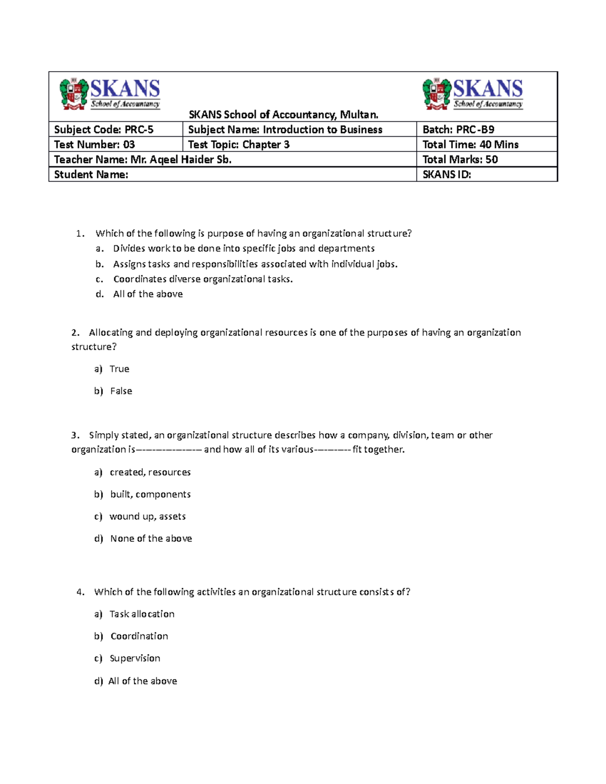 Chapter 3 Intro to business - SKANS School of Accountancy, Multan ...