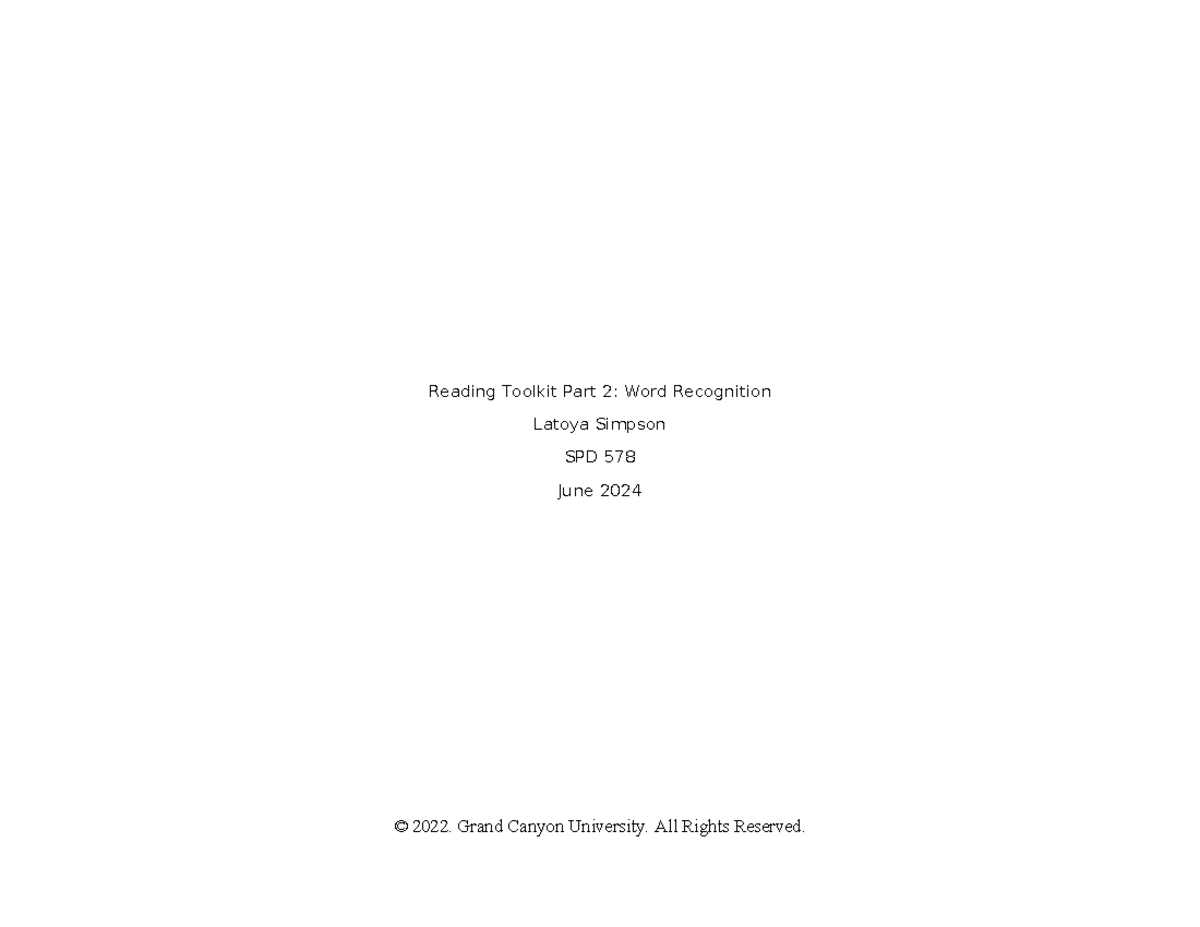 SPD 578 Toolbox Kit 2 - Reading Toolkit Part 2: Word Recognition Latoya ...