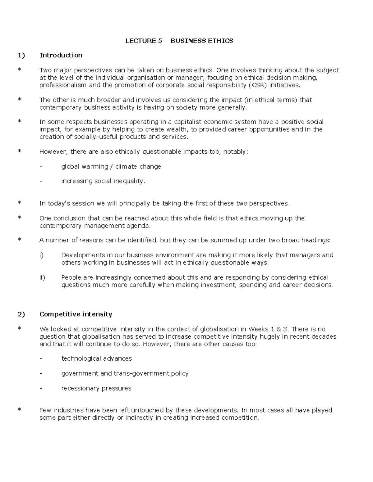 L5 side notes - LECTURE 5 – BUSINESS ETHICS 1) Introduction Two major ...
