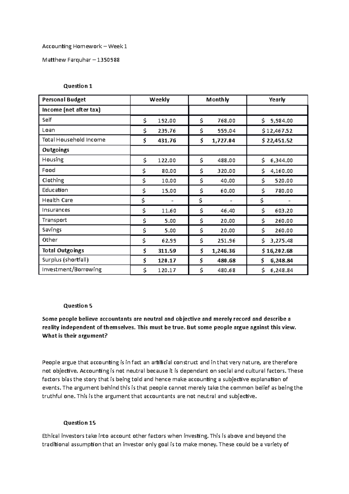 Accounting Week 2 Tutorial - Accounting Homework – Week 1 Matthew ...
