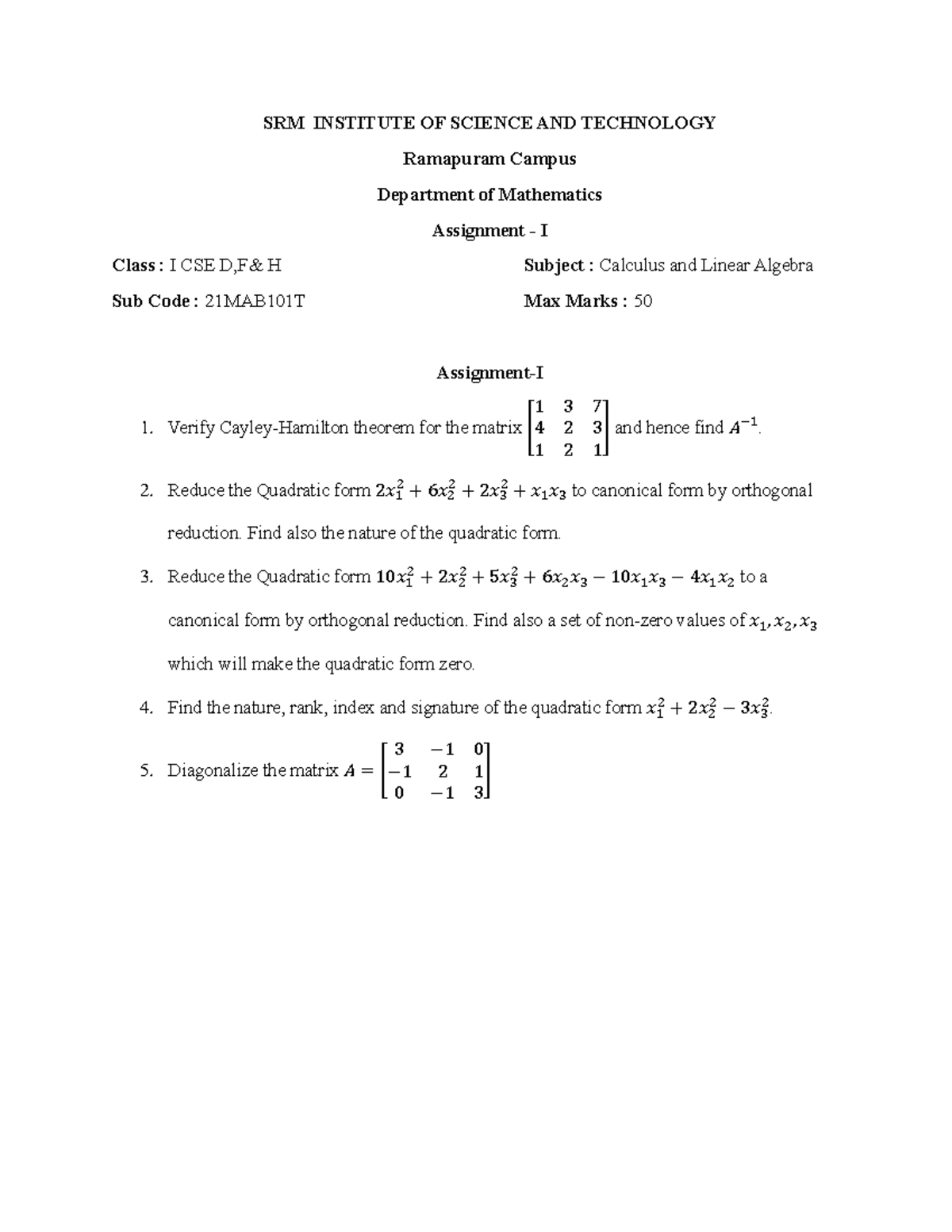 Assignment 1 - SRM INSTITUTE OF SCIENCE AND TECHNOLOGY Ramapuram Campus Department of ...