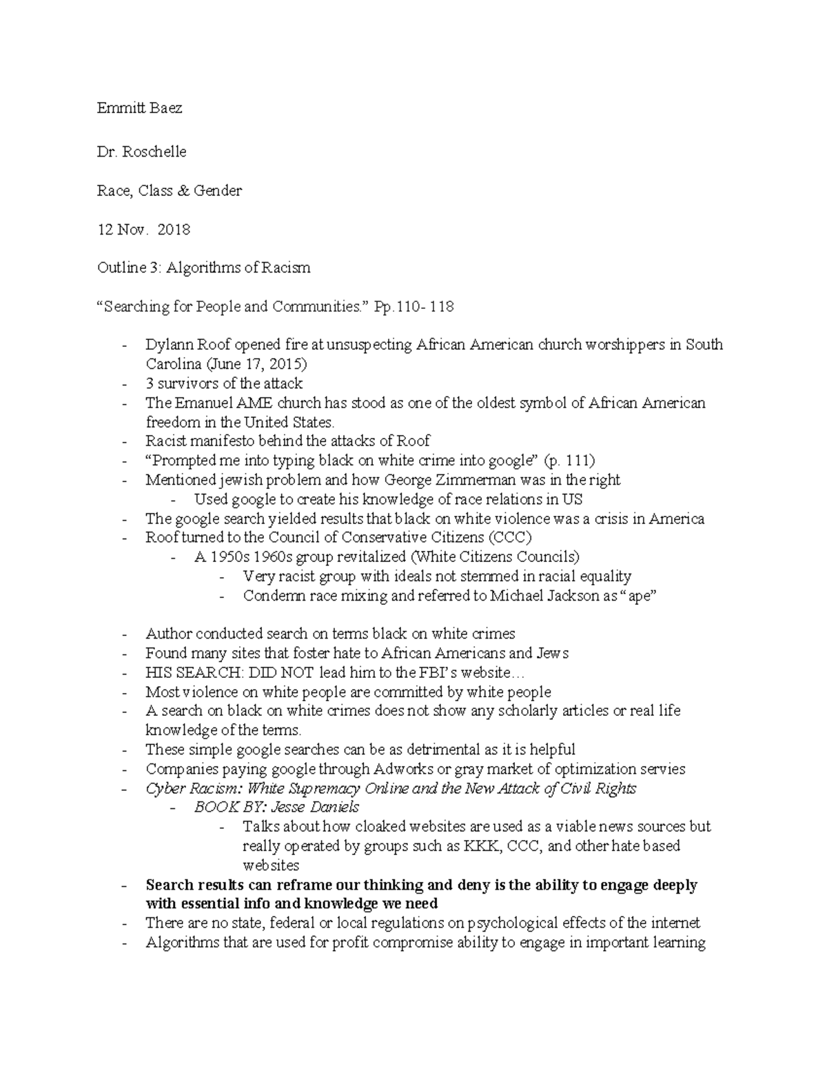 Algorithms of Oppression -Chapter 3 outline PDF - Emmitt Baez Dr ...