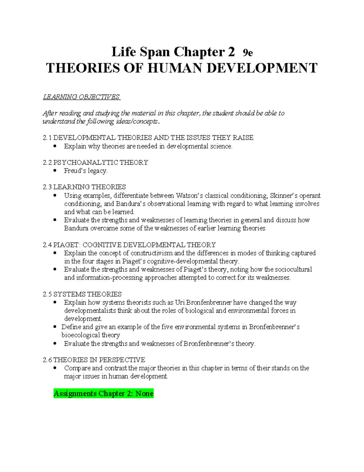Life Span Chapter 2 Learning Objectives and Assignments 9e - Life Span ...