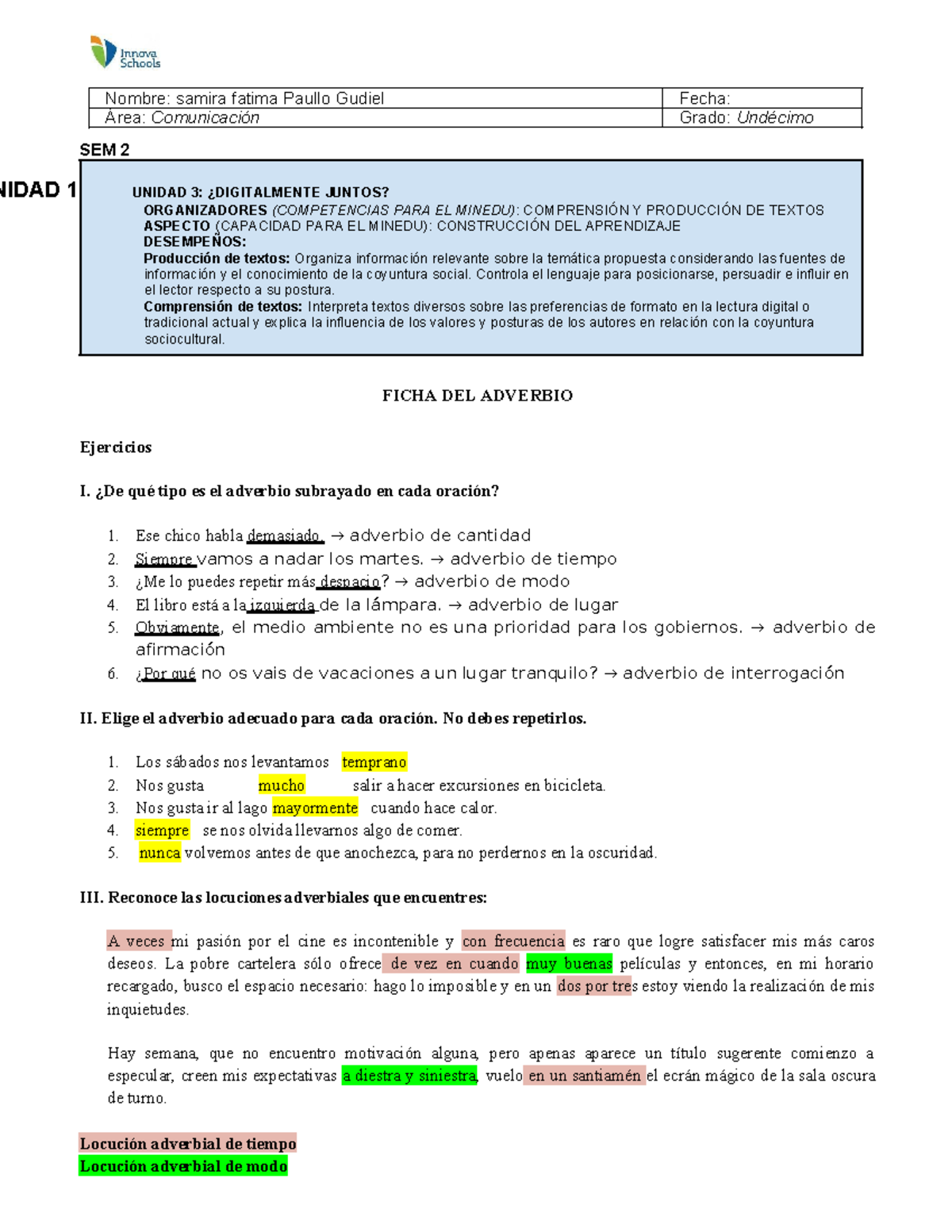 Ficha-EL Adverbio - ,,,,, - Nombre: samira fatima Paullo Gudiel Fecha ...