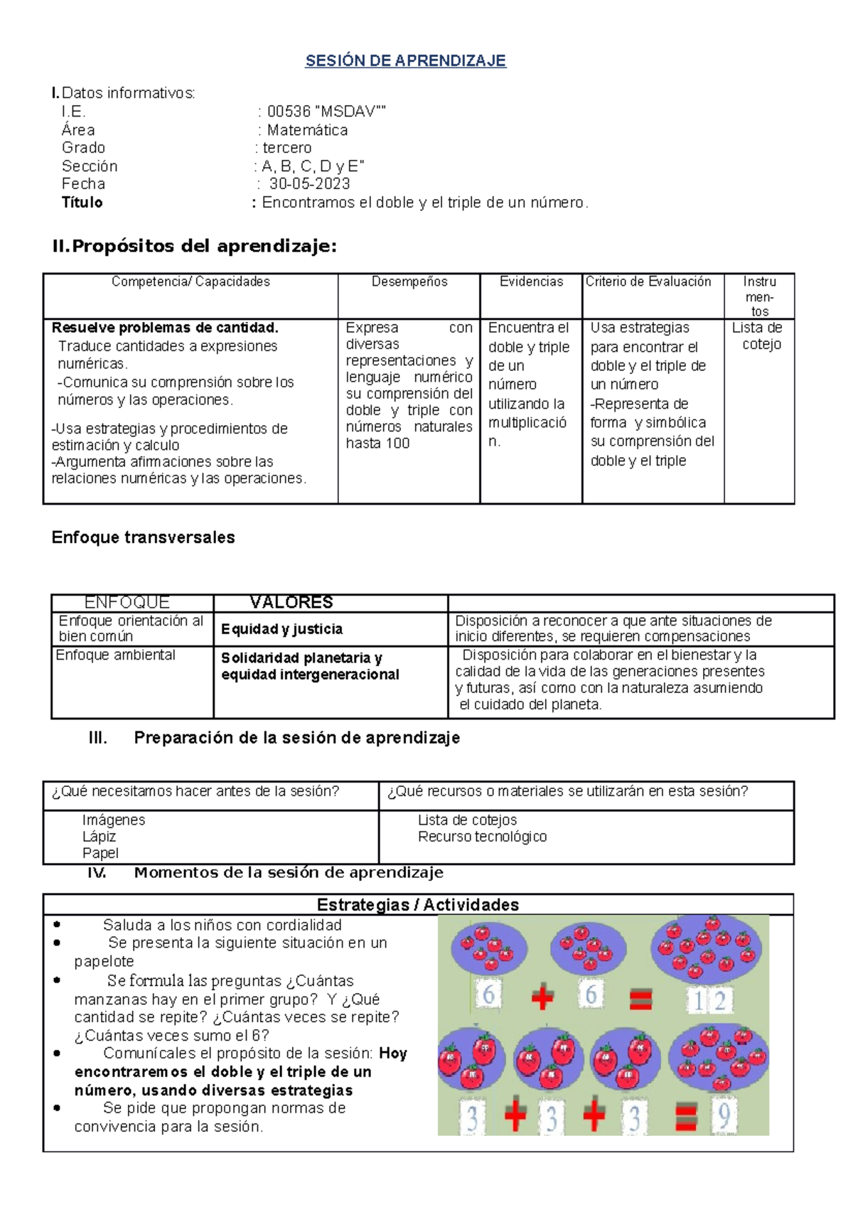 Usamos EL Doble Y Triple - SESIÓN DE APRENDIZAJE I informativos: I. : 00536 “MSDAV”” Área ...