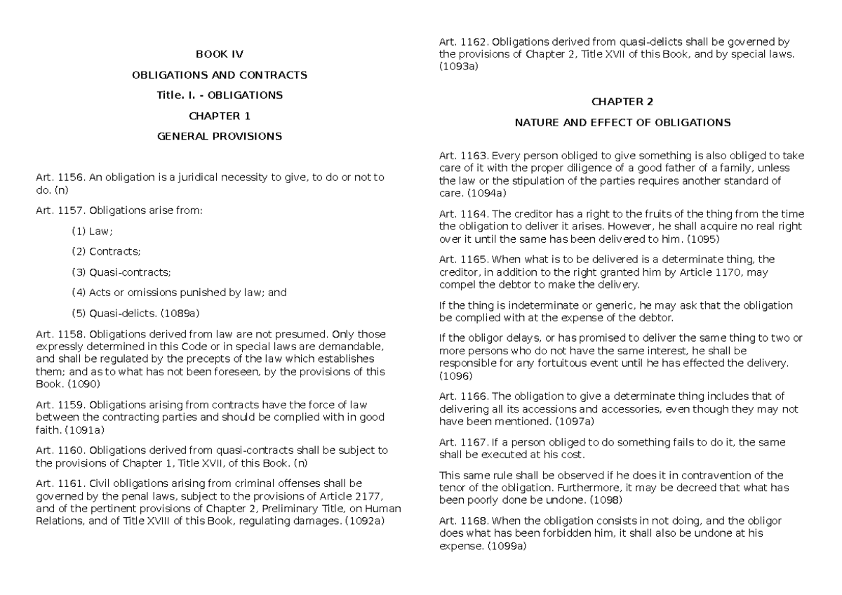 BOOK IV - New Civil Code - Obligation and Contract - BOOK IV OBLIGATIONS AND CONTRACTS Title. I ...