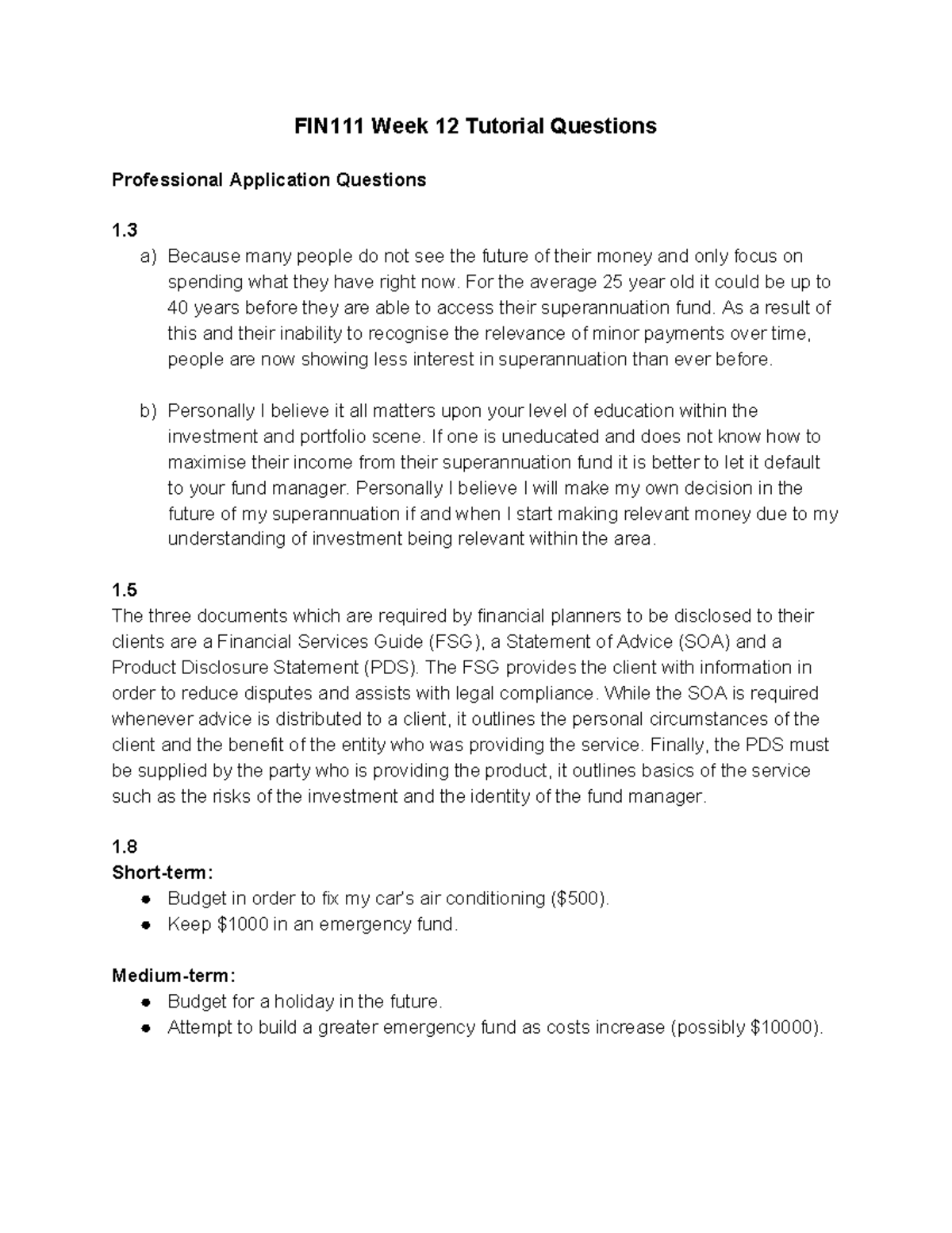 FIN111 Week 12 Tutorial Questions - FIN111 Week 12 Tutorial Questions ...