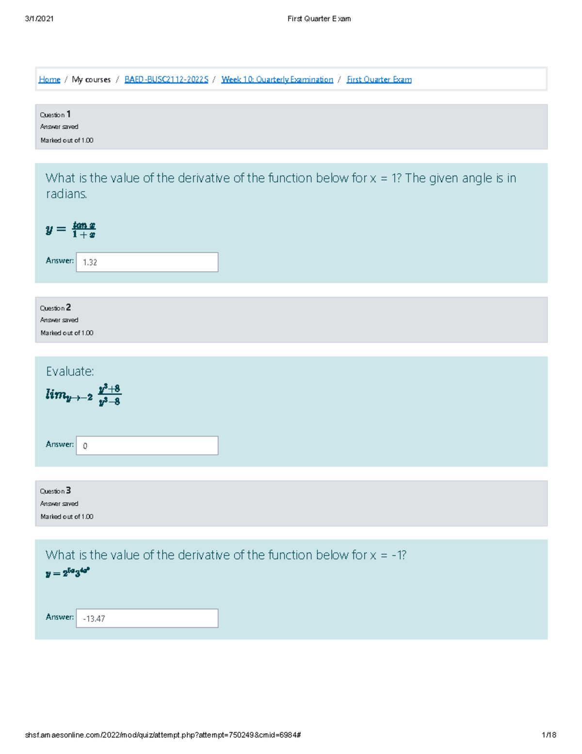 BUSC2112 Basic Calculus First Quarter Exam - Home/My courses/ BAED ...