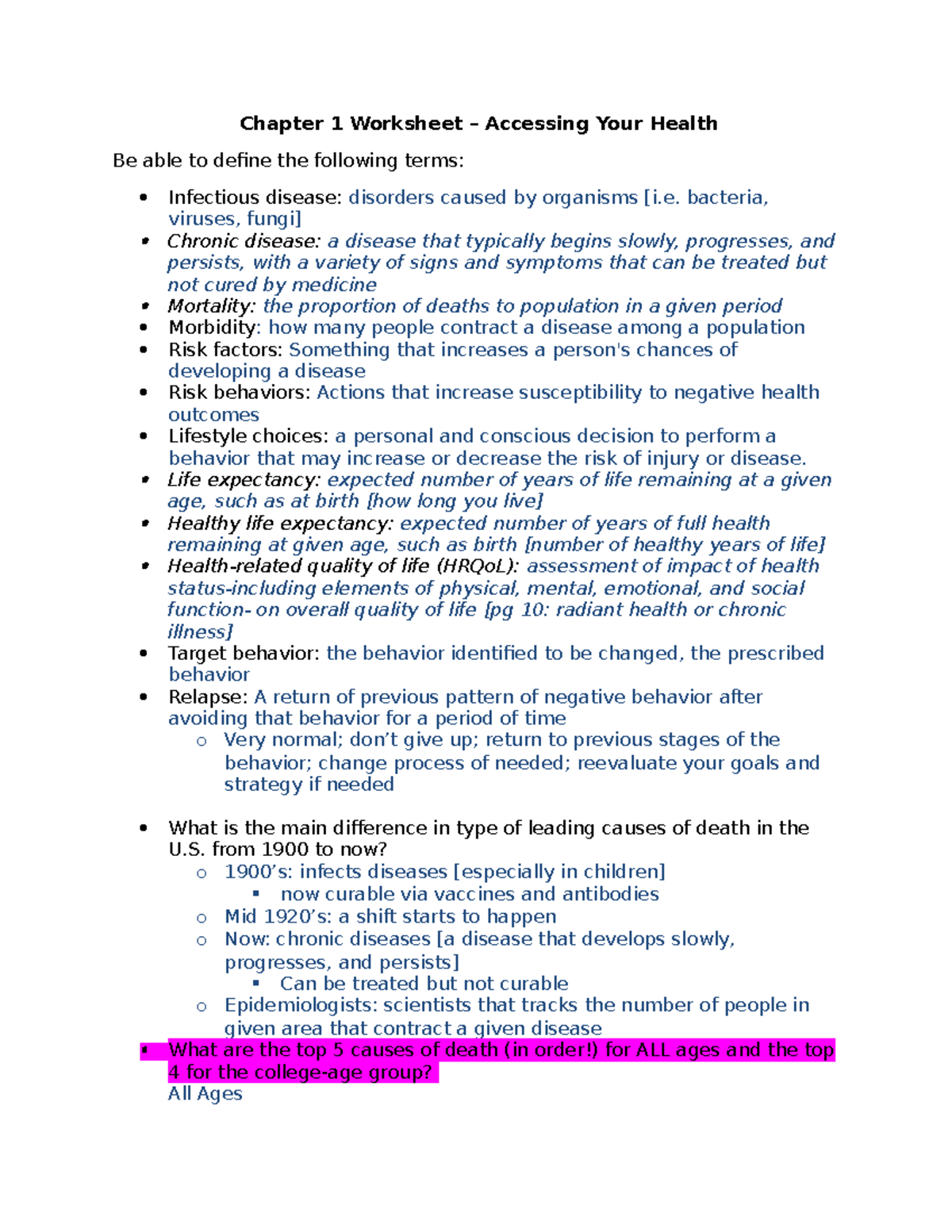 HTH Chapter 1 Worksheet - bacteria, viruses, fungi] Chronic disease: a ...