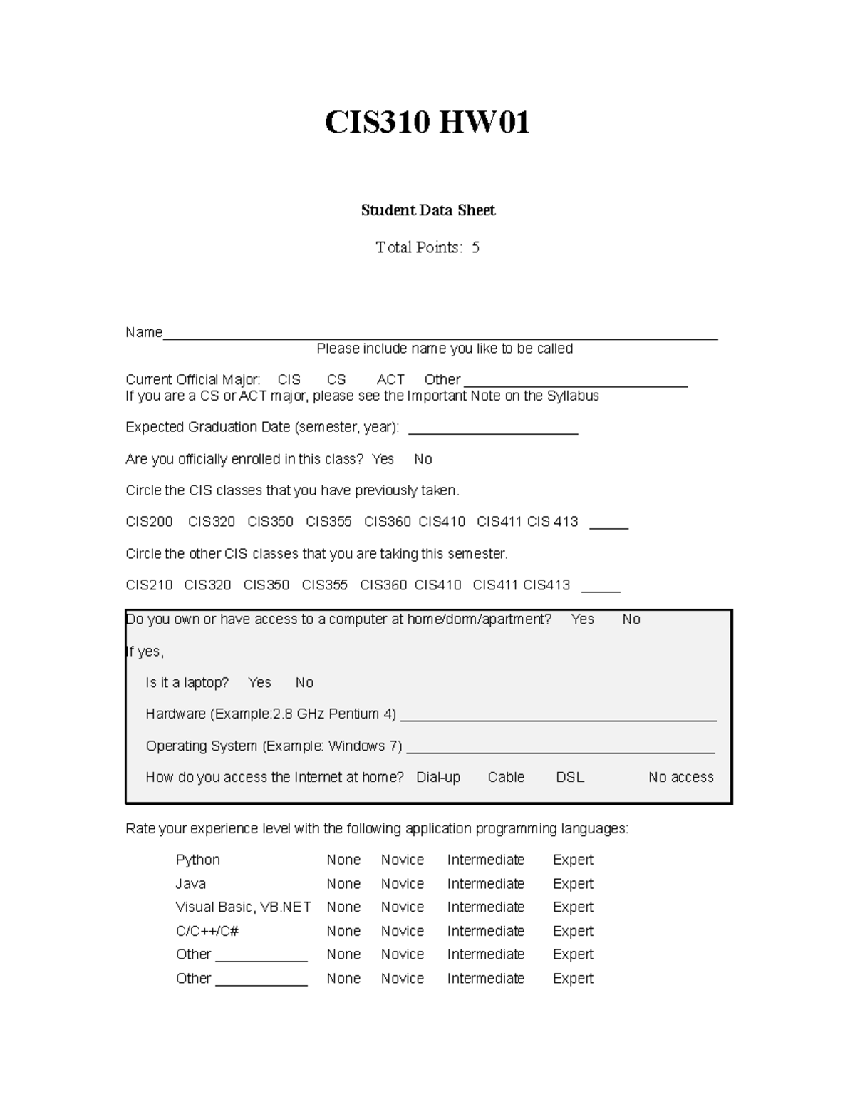 310 Student Data Sheet - this is math class - CIS310 HW Student Data ...