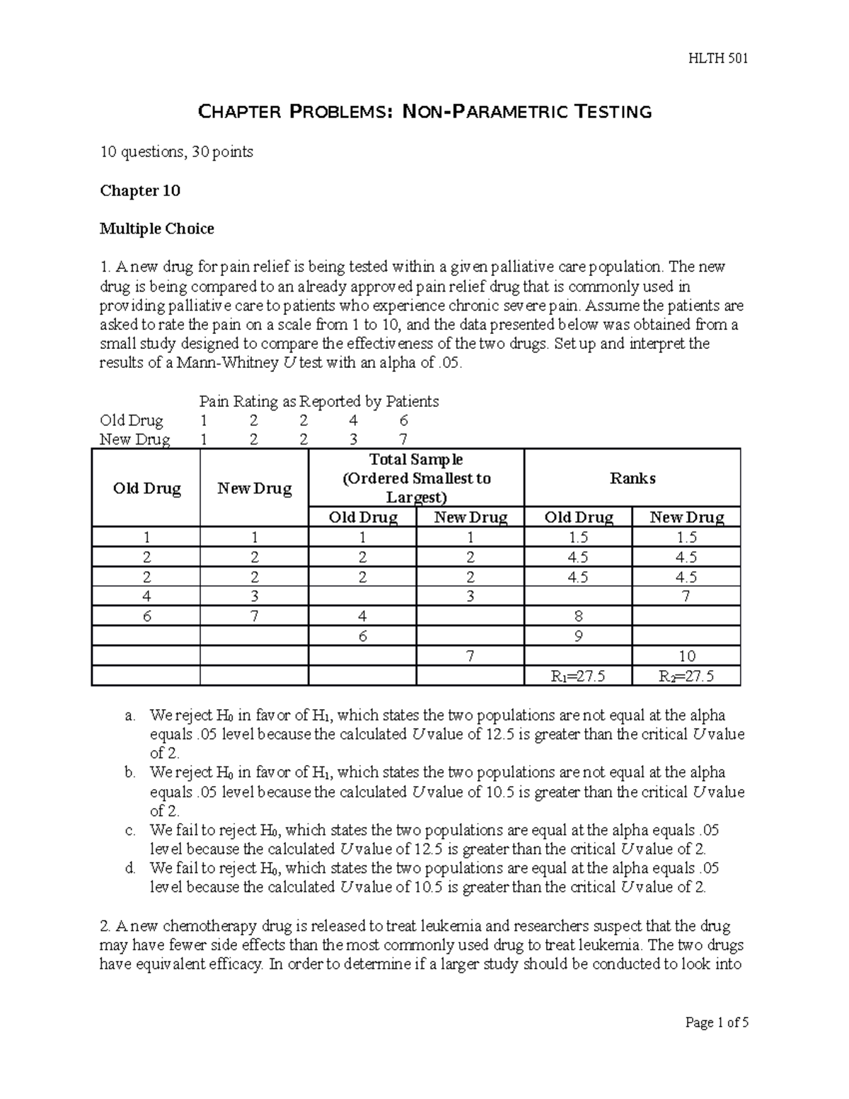 Chapter Problems Non Parametric Testing Chapter Problems Non