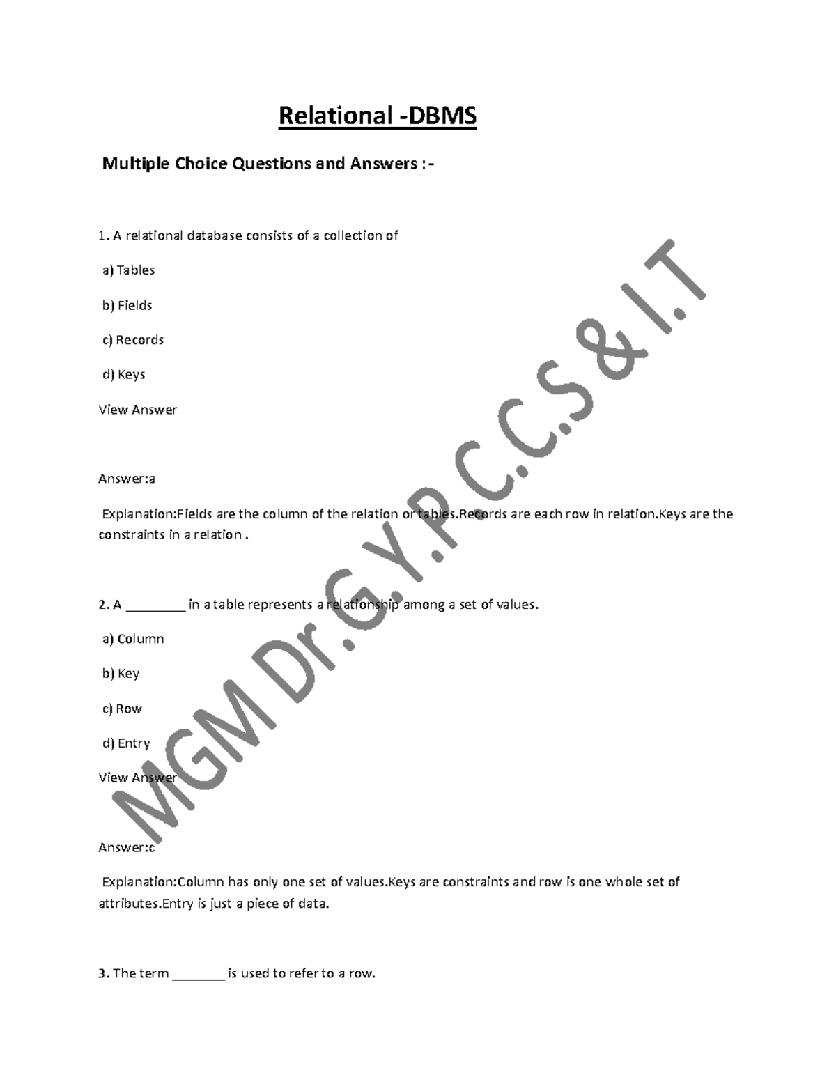 Rdbms Dbms Notes To Practice Relational Dbms Multiple Choice Questions And Answers A