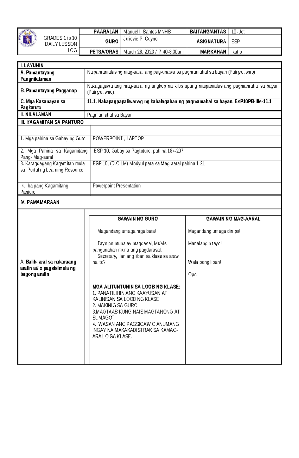 DEMO 1 - DEMP 1 ESP - GRADES 1 to 10 DAILY LESSON LOG PAARALAN Manuel I ...