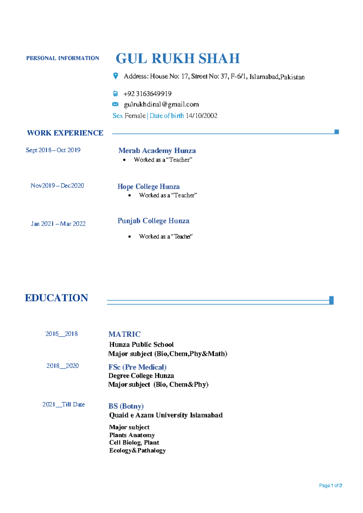 Ali Akbar pdf - resume document - Page 1 of 2 PERSONAL INFORMATION GUL ...