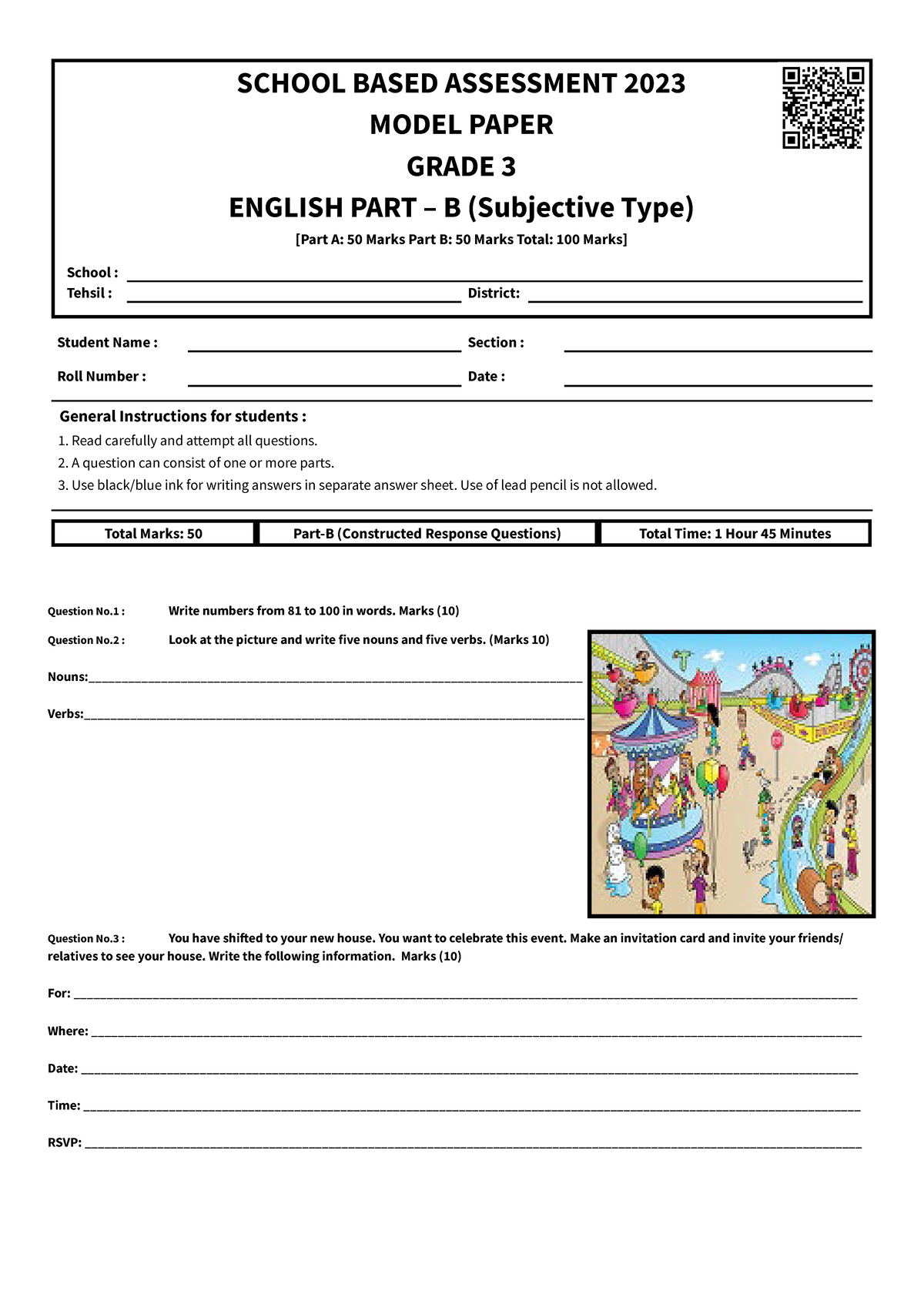 Grade 3 Model Papers Combined - Question No : Write numbers from 81 to ...