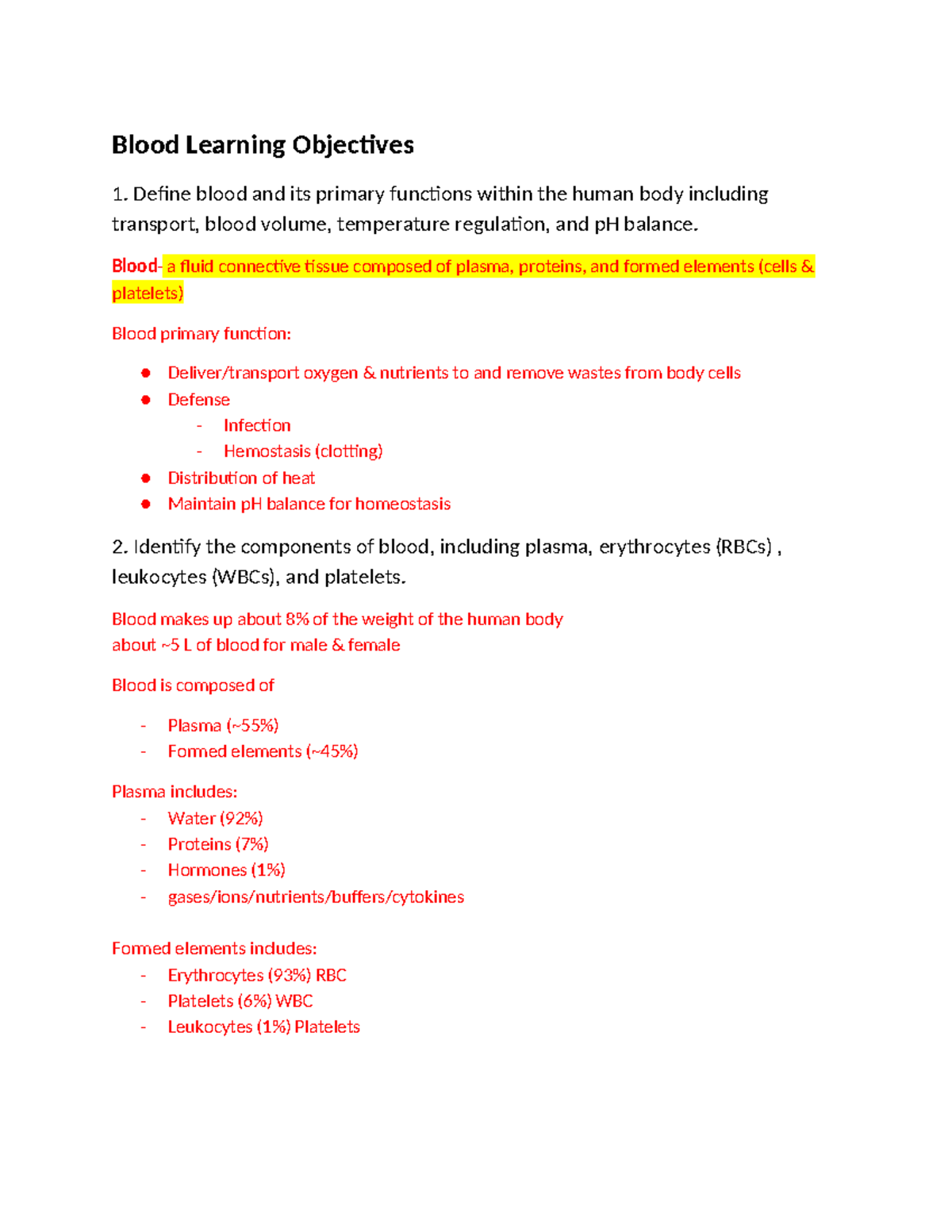 Blood Learning Obj - Blood Learning Objectives 1. Define blood and its ...