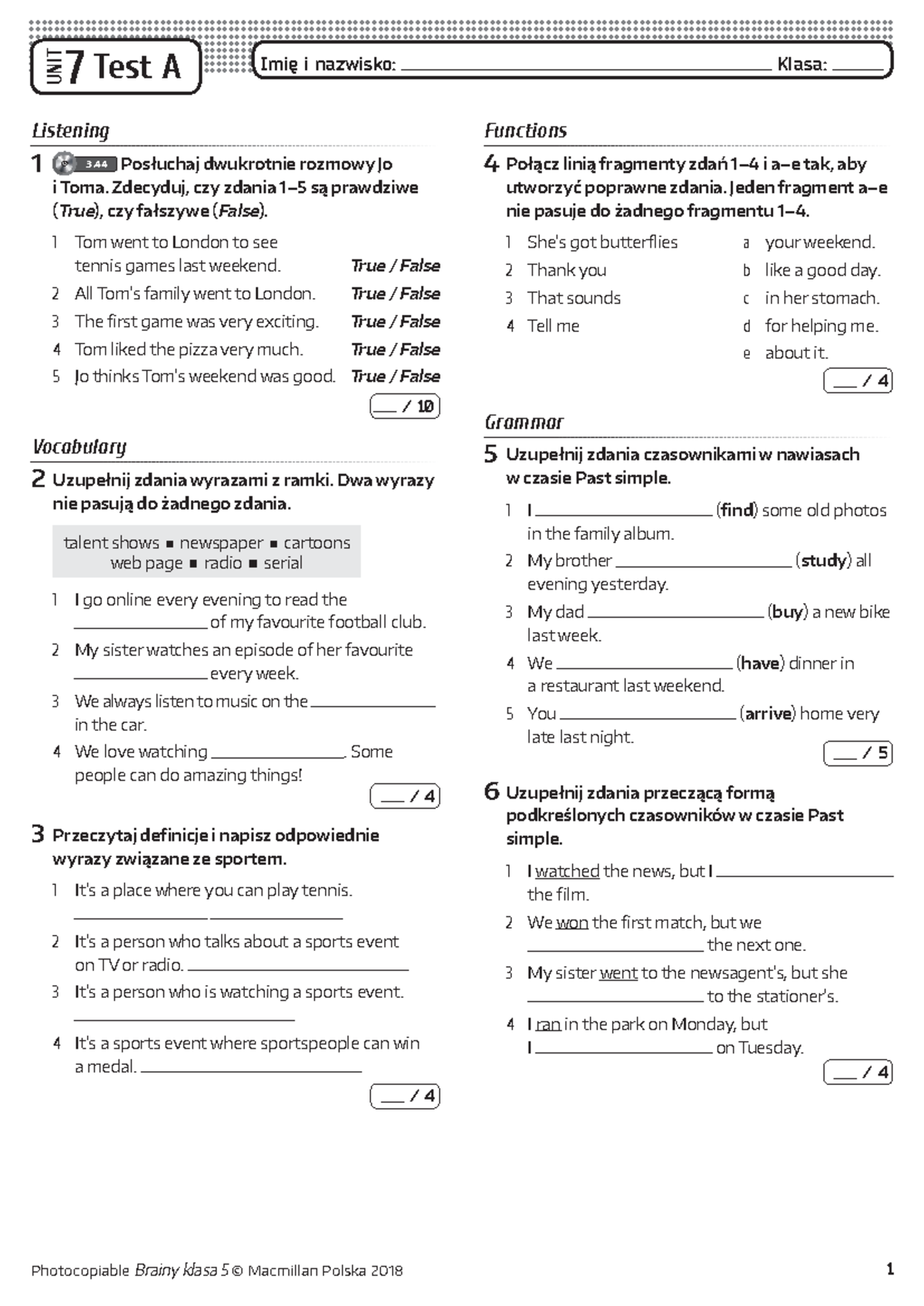 Brainy 5 Unit Test 7 A - .................................. - UNIT 7 ...