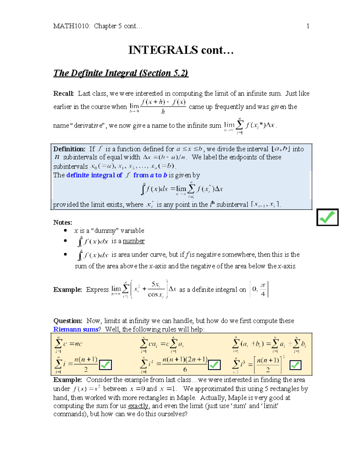 Mod9b riemann - INTEGRALS cont... The Definite Integral (Section 5 ...