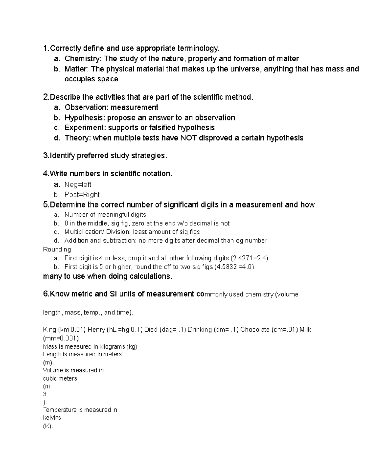 Chem Objectives Final - 1 define and use appropriate terminology. a ...