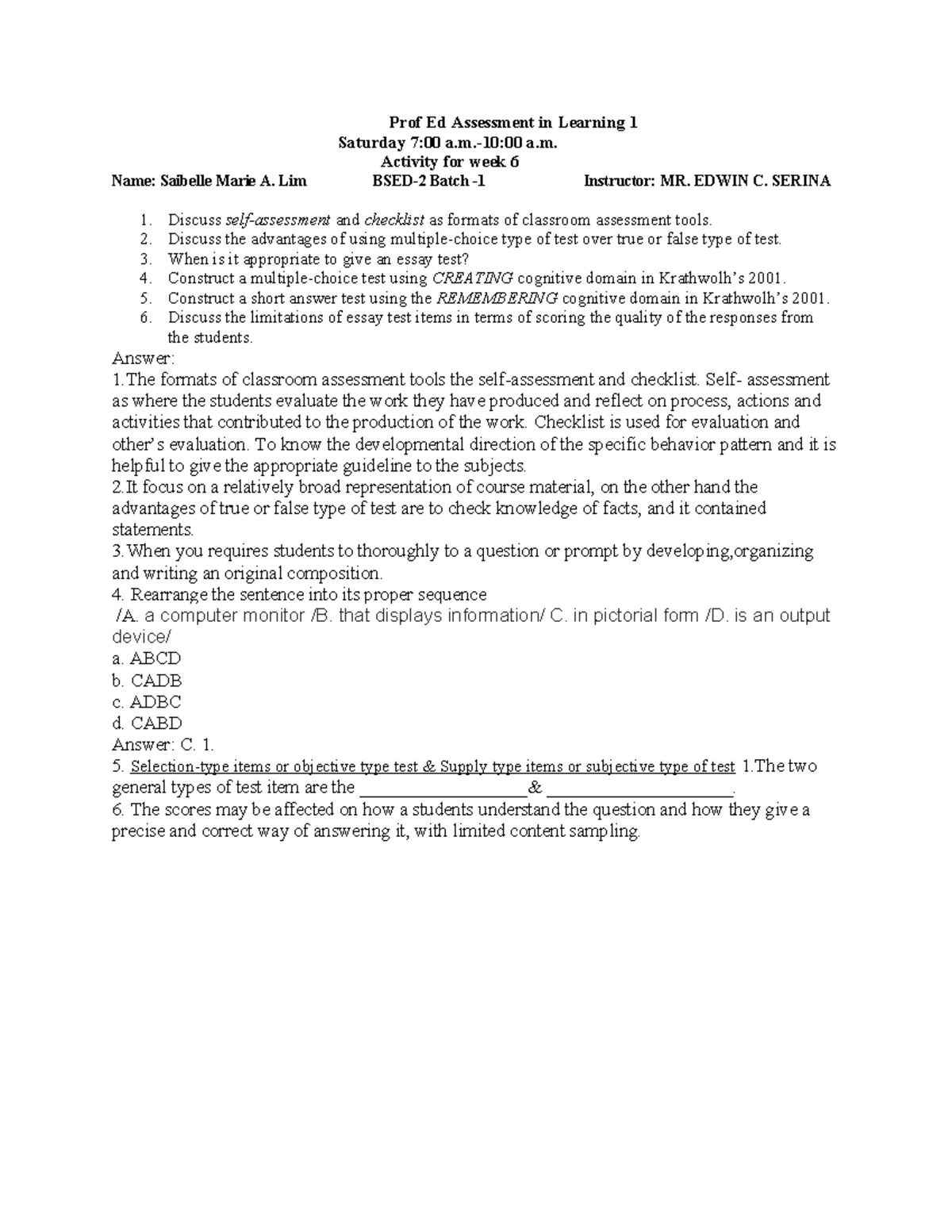 Week 6 - Assessment Learning 1 - Prof Ed Assessment in Learning 1 ...