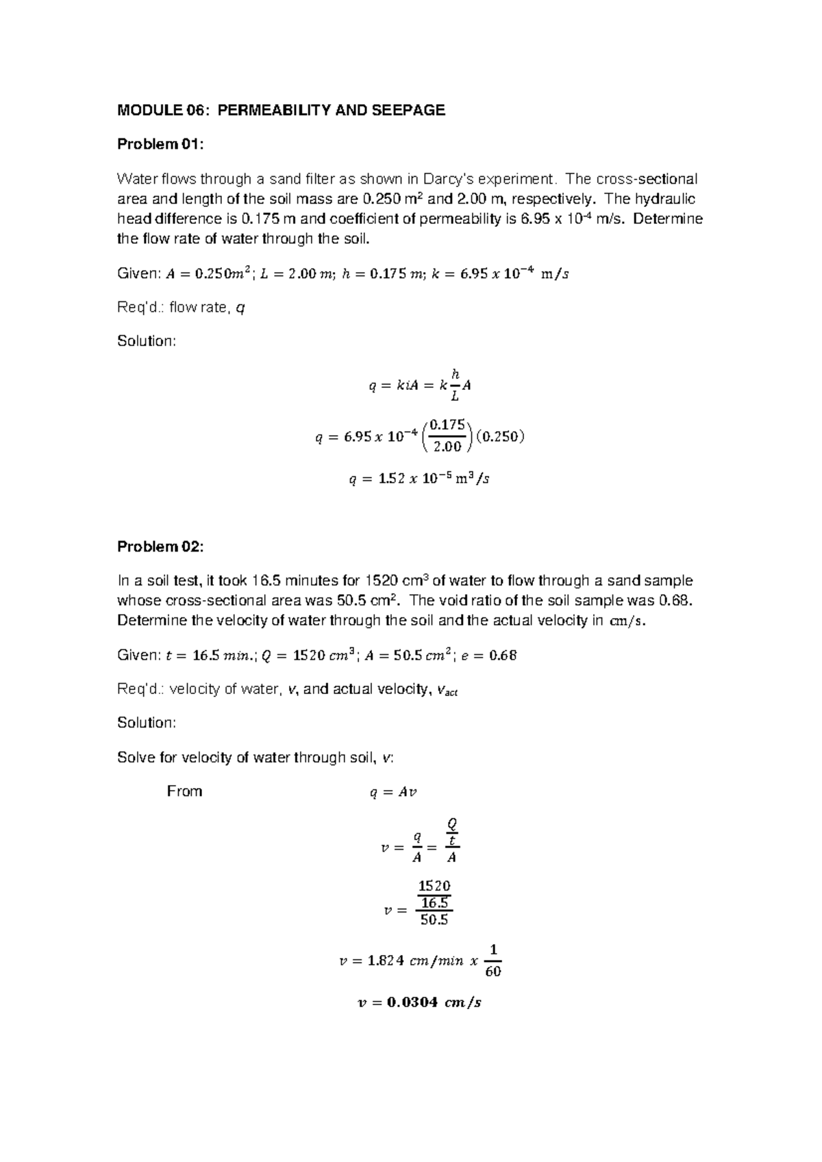 Module 6 problems - MODULE 06: PERMEABILITY AND SEEPAGE Problem 01 ...