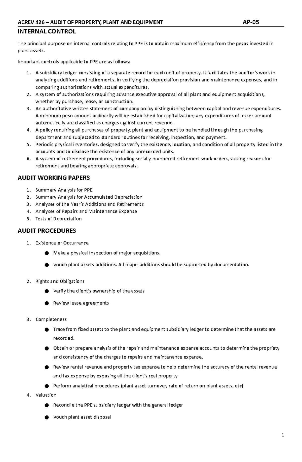 Acrev 426 AP 05 PPE KEY Answers - INTERNAL CONTROL The principal ...