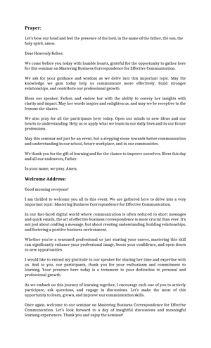 Script of emcee - use in immersion - Opening Program Charles: To begin ...