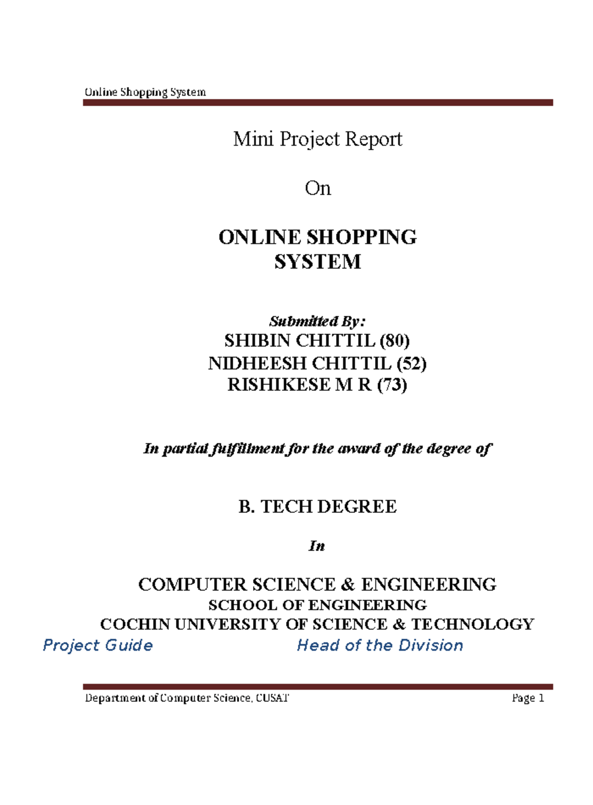Mini Project Report On Online Shopping S-converted - Online Shopping System Department of ...