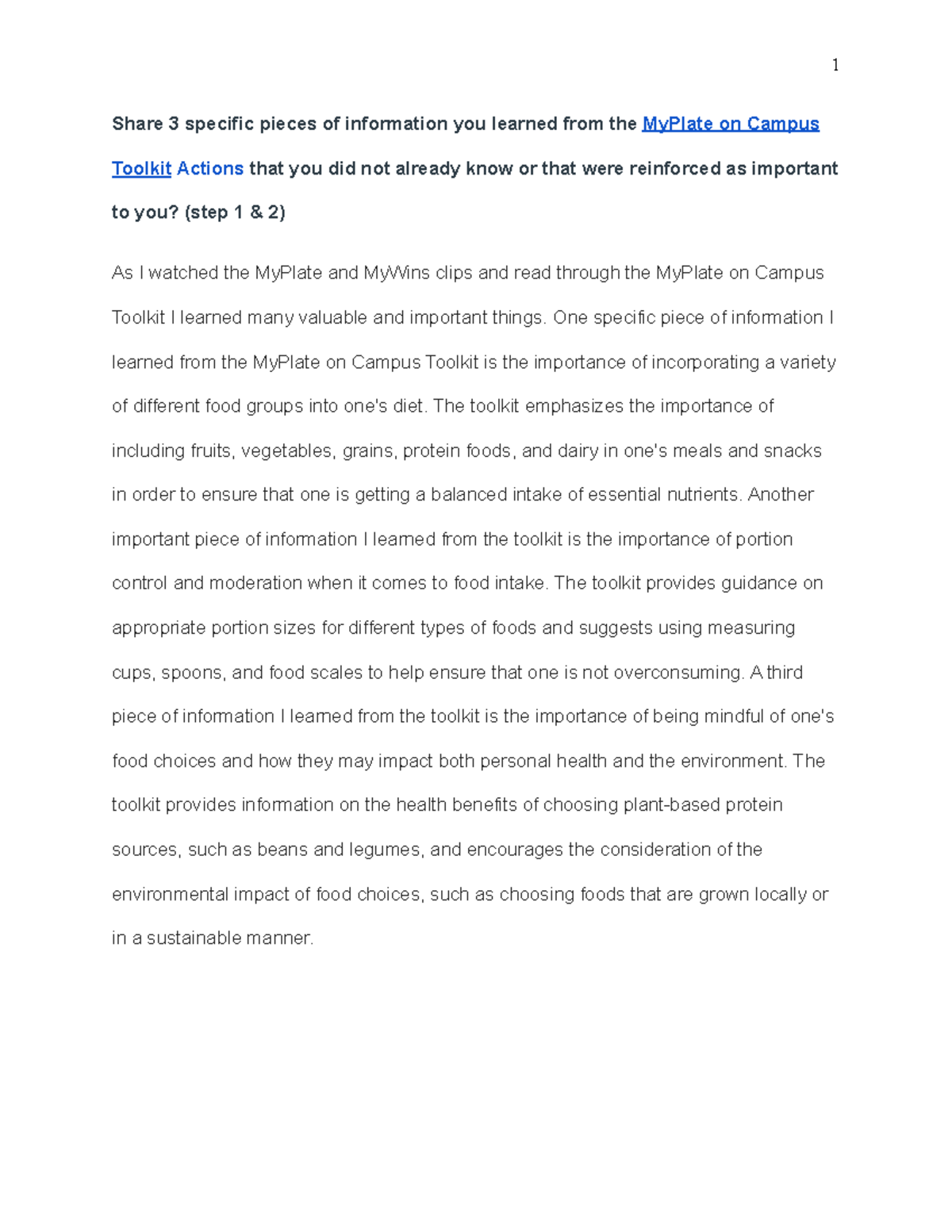 Individual Assignment Nutrition and My Plate - Share 3 specific pieces ...