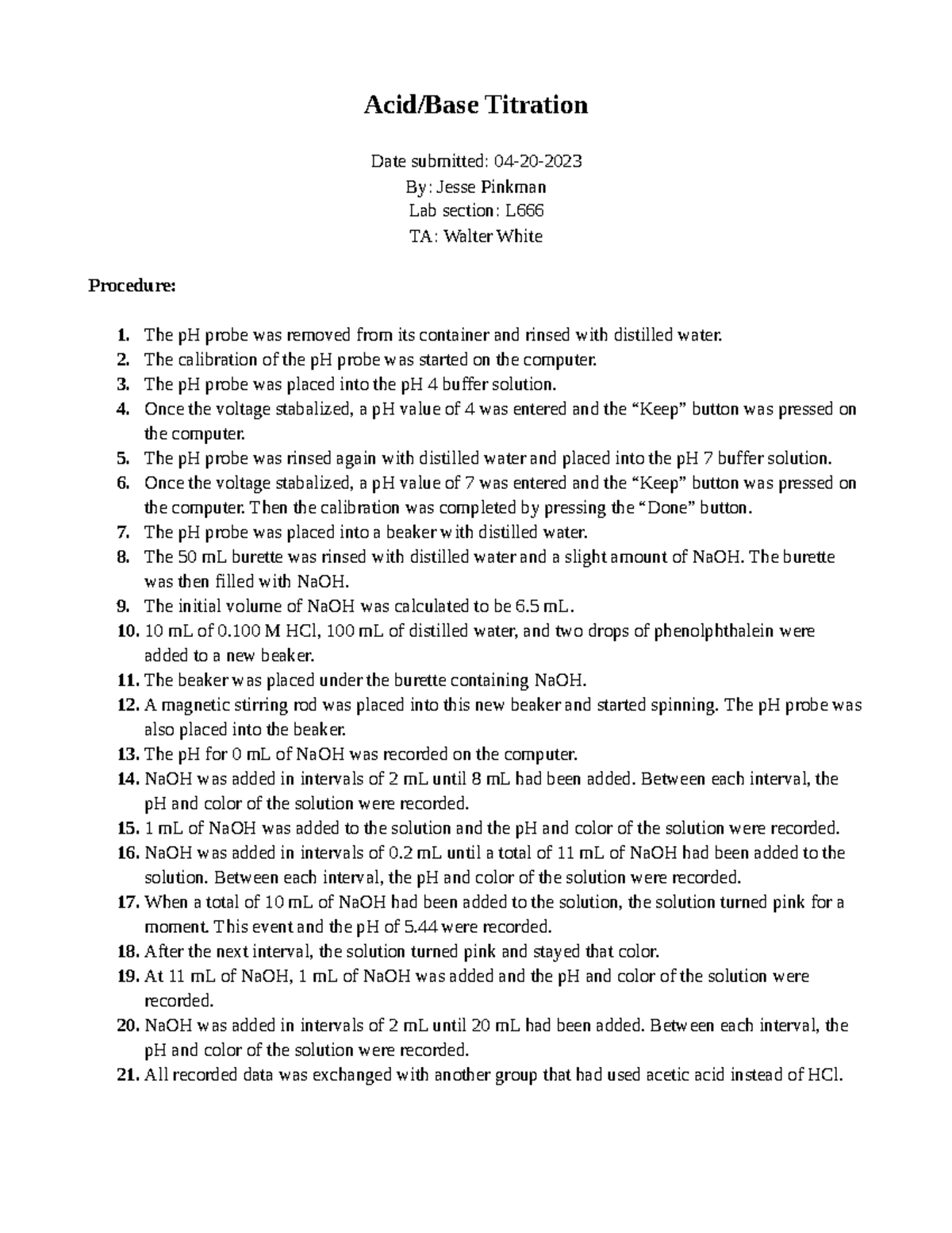 Lab 5 Acid Base Titrations - Acid/Base Titration Date submitted: 04-20 ...