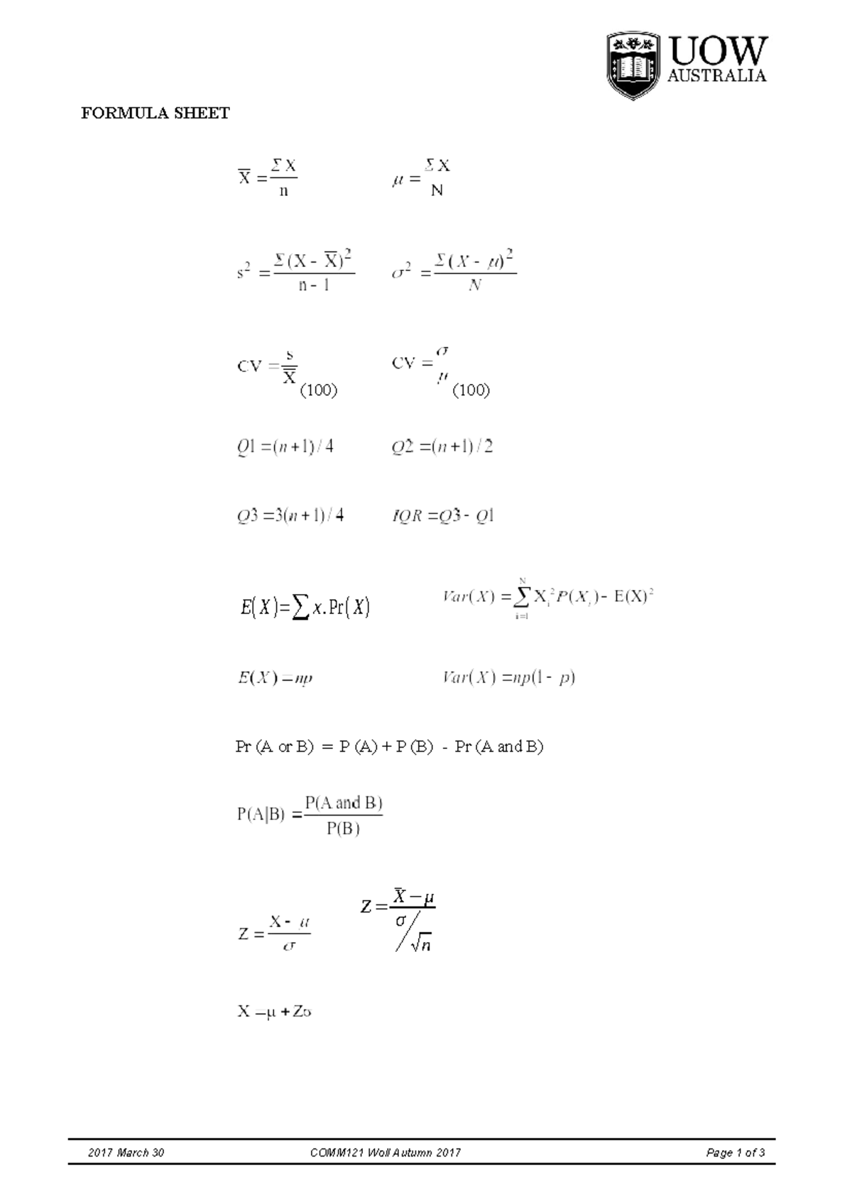 Formula sheet - BUS121 - FORMULA SHEET (100) (100) E( X )=∑ x. Pr ( X ...