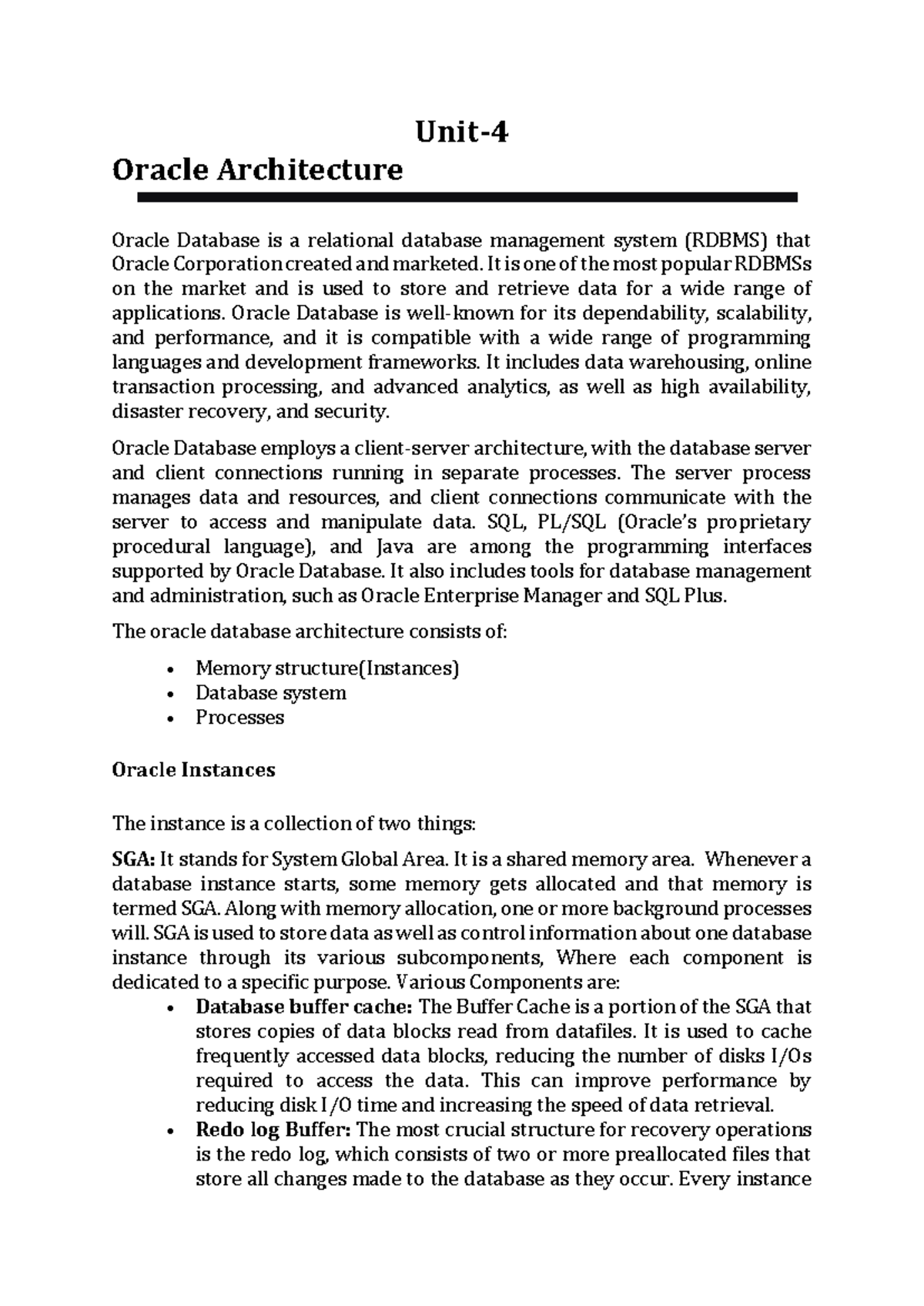 Unit-4 database security-1 - Unit- 4 Oracle Architecture Oracle Database is a relational - Studocu