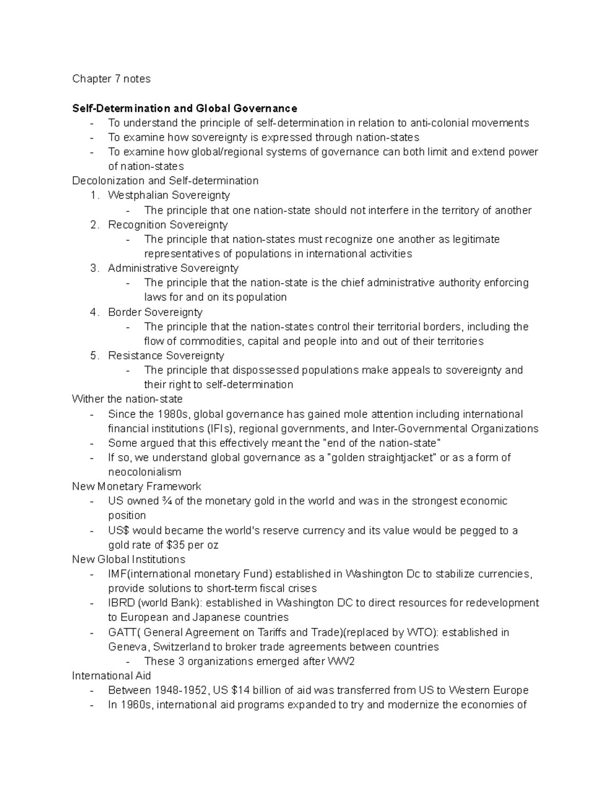 Chapter 7 notes - Chapter 7 notes Self-Determination and Global ...