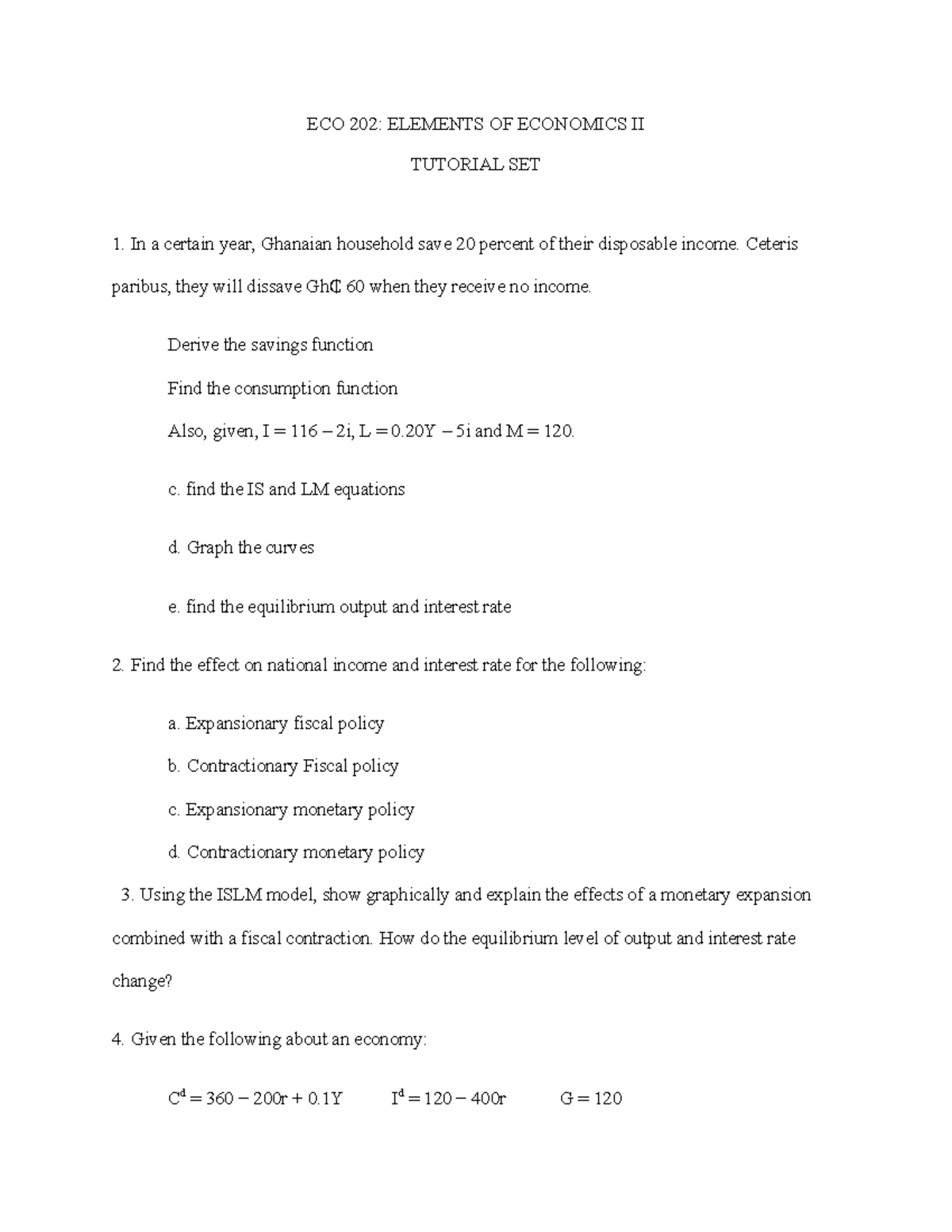 Macro Tutorial Set - ECO 202: ELEMENTS OF ECONOMICS II TUTORIAL SET In ...