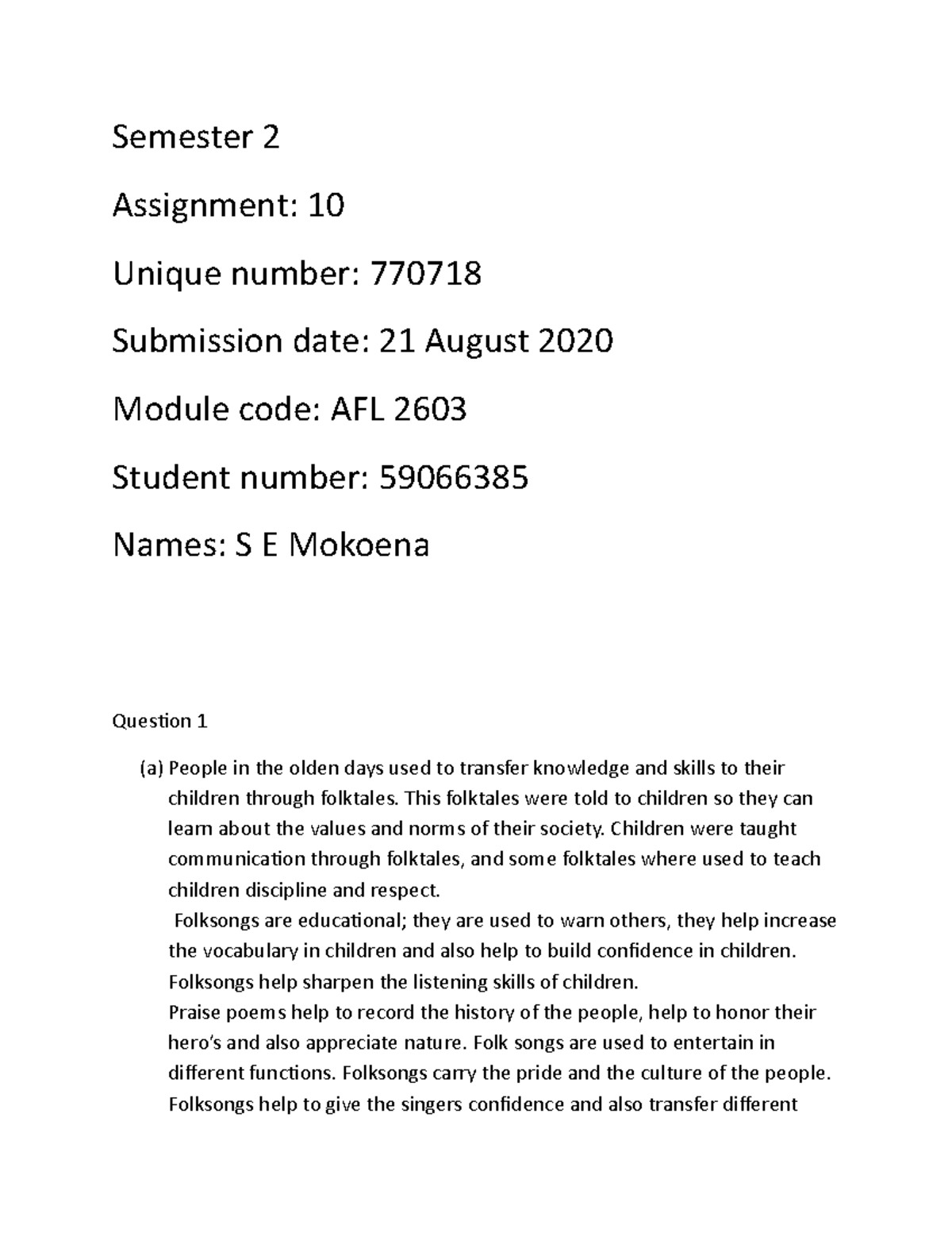 Done afl2603 assignment 10 - Semester 2 Assignment: 10 Unique number ...