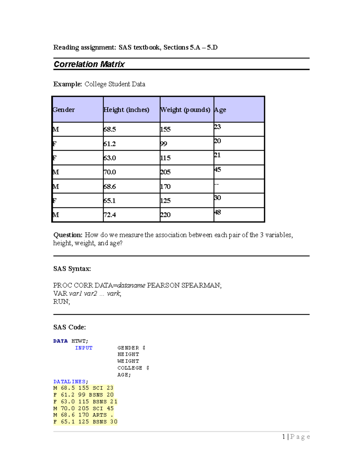 6-corr analysis Tips - Reading assignment: SAS textbook, Sections 5 – 5 ...