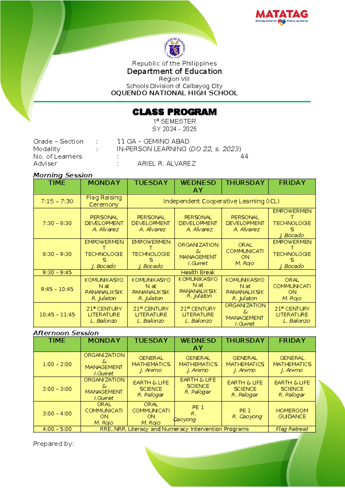 Class Program 2024 2025 GA Gemino ABAD - Republic of the Philippines ...
