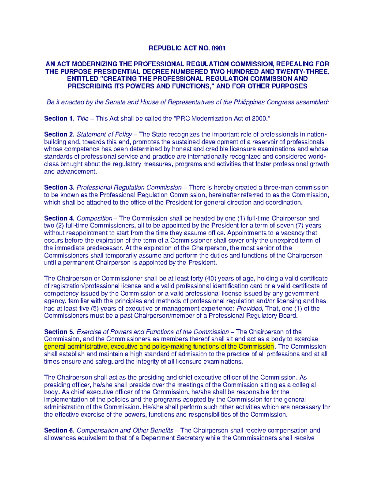 R.A. 8981 AN ACT MODERNIZING THE PROFESSIONAL REGULATION COMMISSION ...