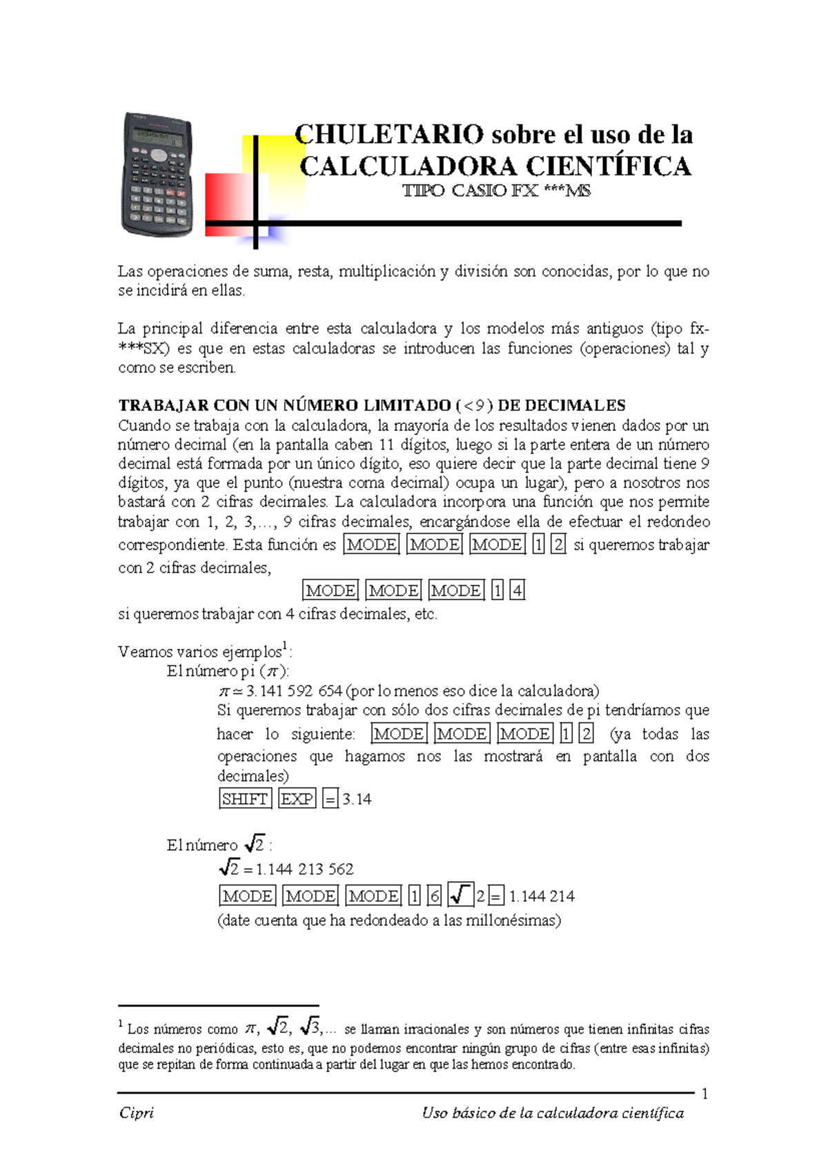 F-Manejo basico de la calculadora cientifica - Cipri Uso básico de la calculadora científica 1 ...